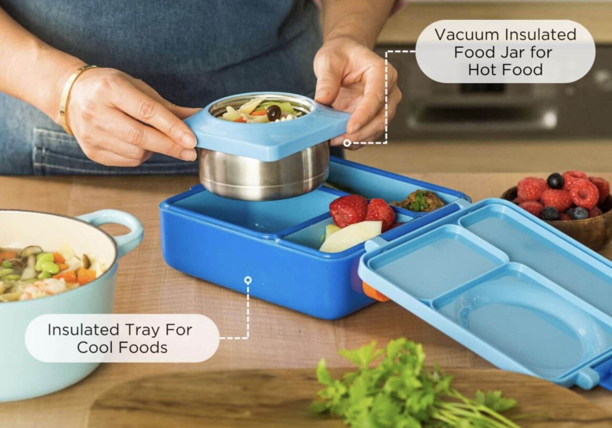 OmieBox Bento Box for Kids - Insulated Lunch Box with Leak Proof Thermos Food Jar - 3 Compartments, Two Temperature Zones (Sky Blue) (Single) (Packaging May Vary)