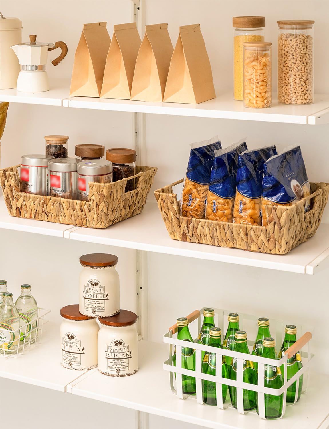 StorageWorks Water Hyacinth Open-Front Storage Basket, Wicker Storage Baskets for Shelves, Hand-Woven Bin with Handles, Kitchen Pantry Wicker Basket, 2 Pack