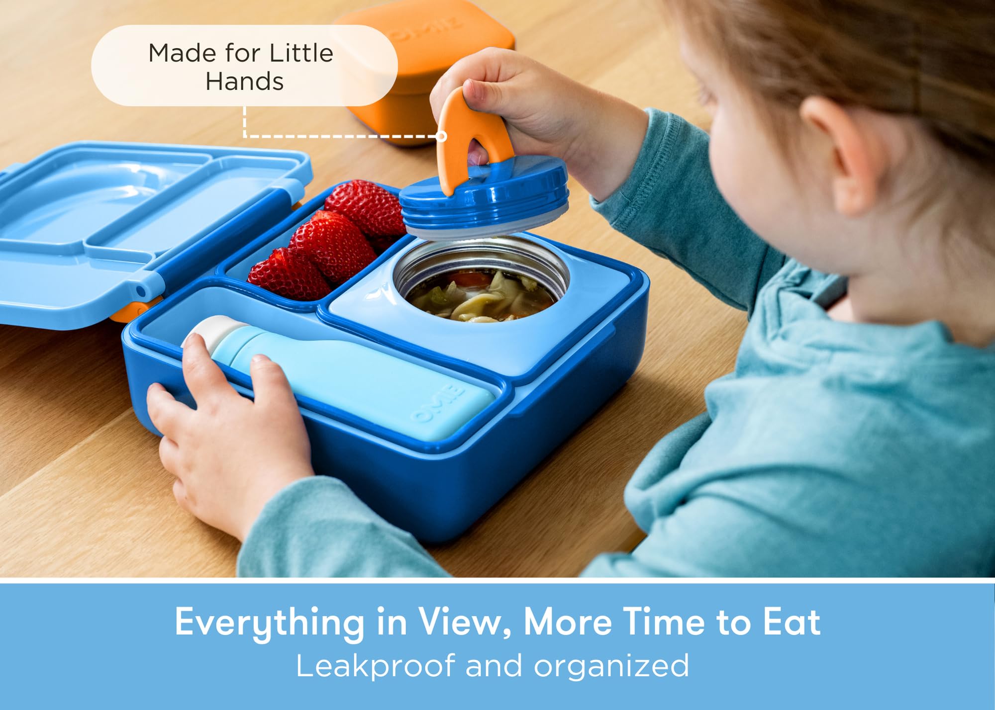 OmieBox Bento Box for Kids - Insulated Lunch Box with Leak Proof Thermos Food Jar - 3 Compartments, Two Temperature Zones (Sky Blue) (Single) (Packaging May Vary)