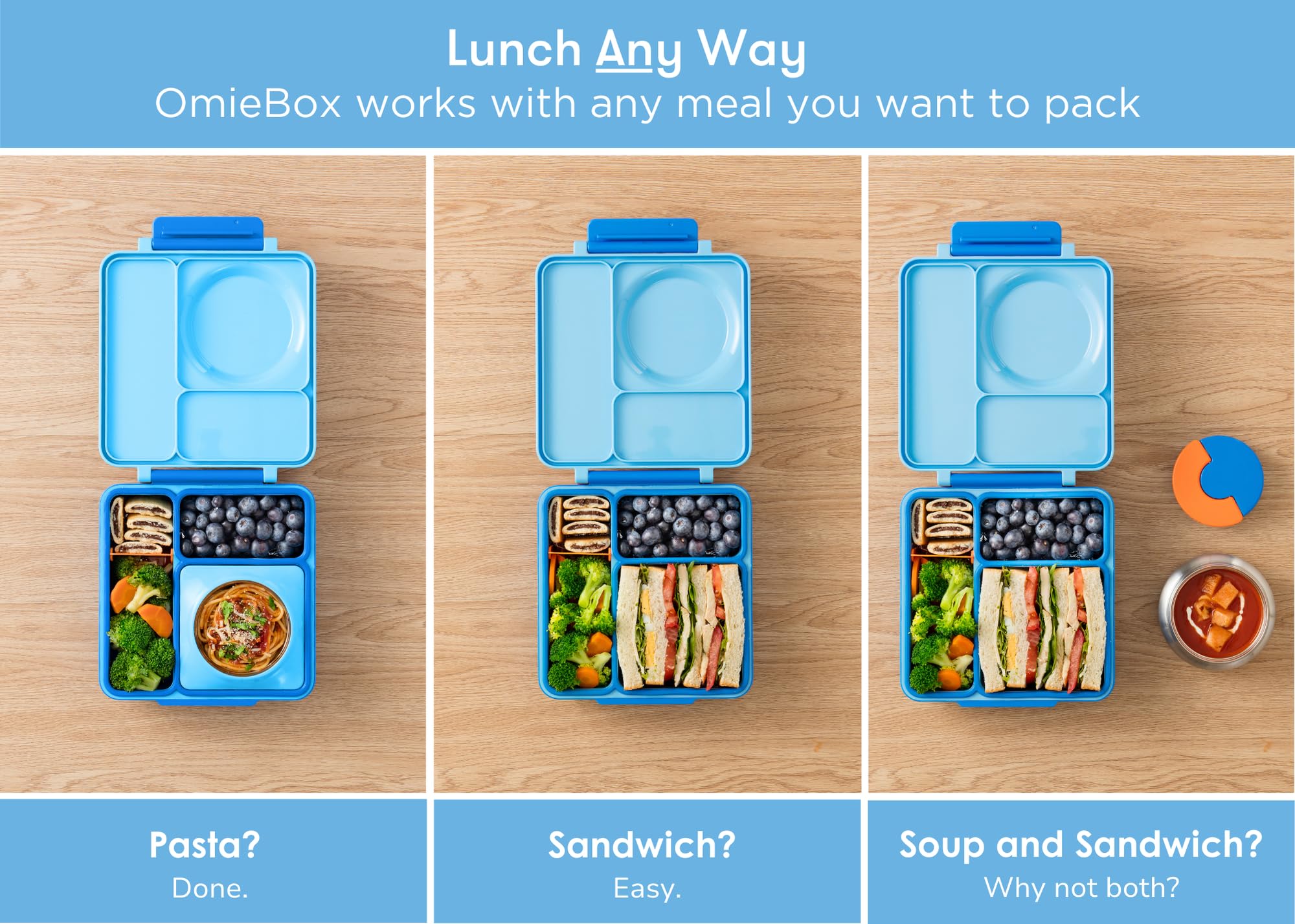 OmieBox Bento Box for Kids - Insulated Lunch Box with Leak Proof Thermos Food Jar - 3 Compartments, Two Temperature Zones (Sky Blue) (Single) (Packaging May Vary)