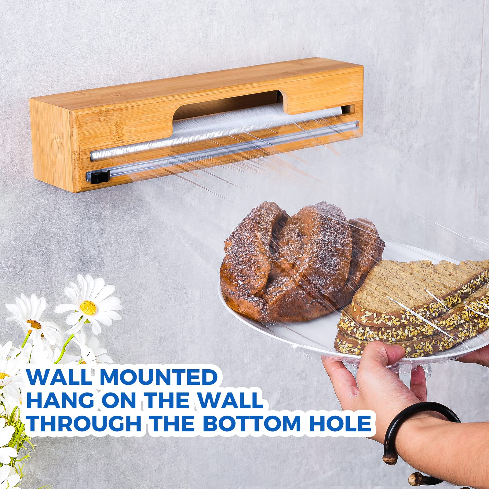 PrinMobel Plastic Wrap Dispenser with Cutter, Aluminum Foil, Parchment Paper, Wax Paper and Tin Foil Dispenser with Cutter for Kitchen Drawer or Wall Mount, Bamboo Roll Organizer Holder - 12" Roll