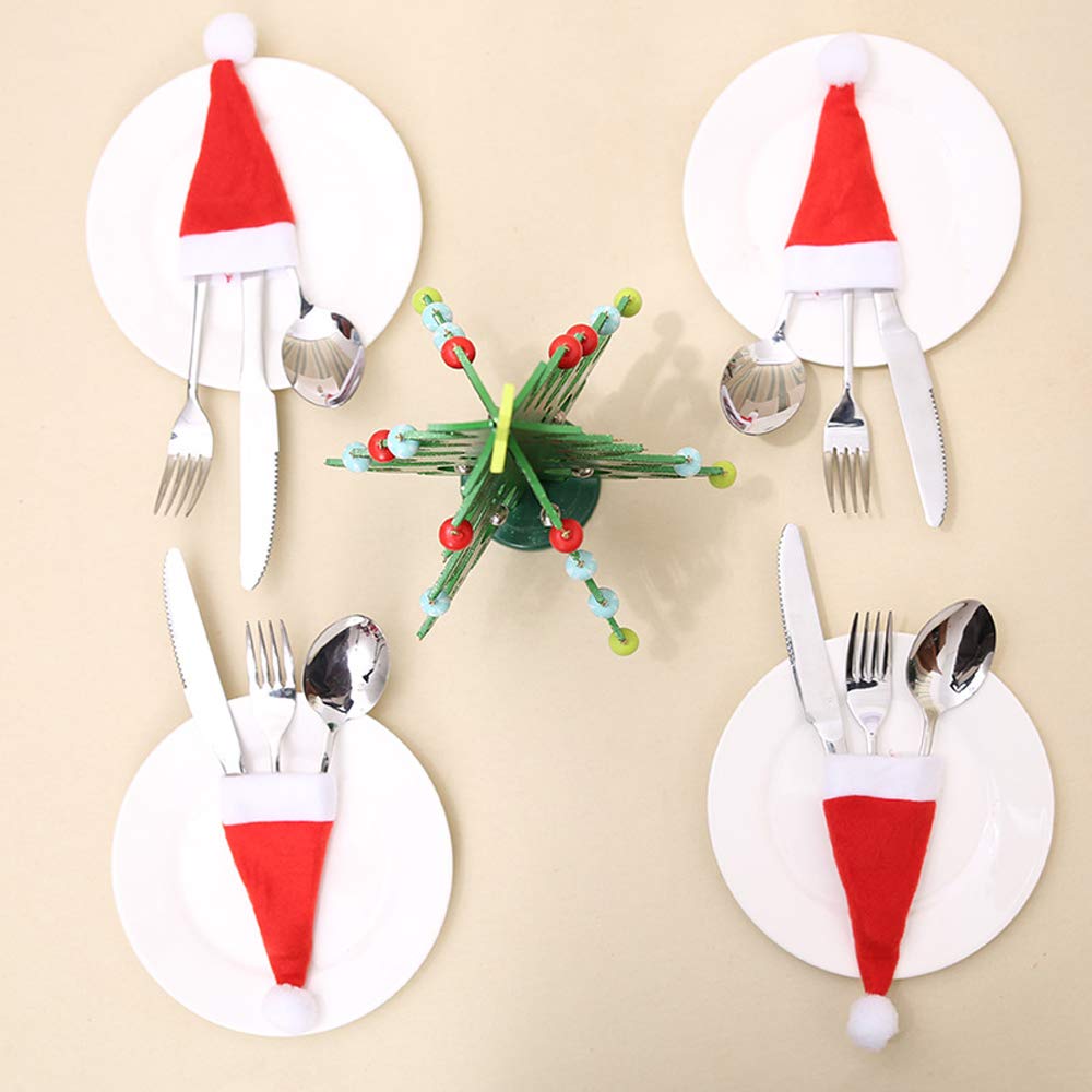 Christmas Santa Hats Silverware Holders - Xmas Party Dinner Table Dinnerware Decorations Supplies,for Candy, Red Wine Bottle, Lollipop, Knife Fork, 10PCS Mini Santa Hats