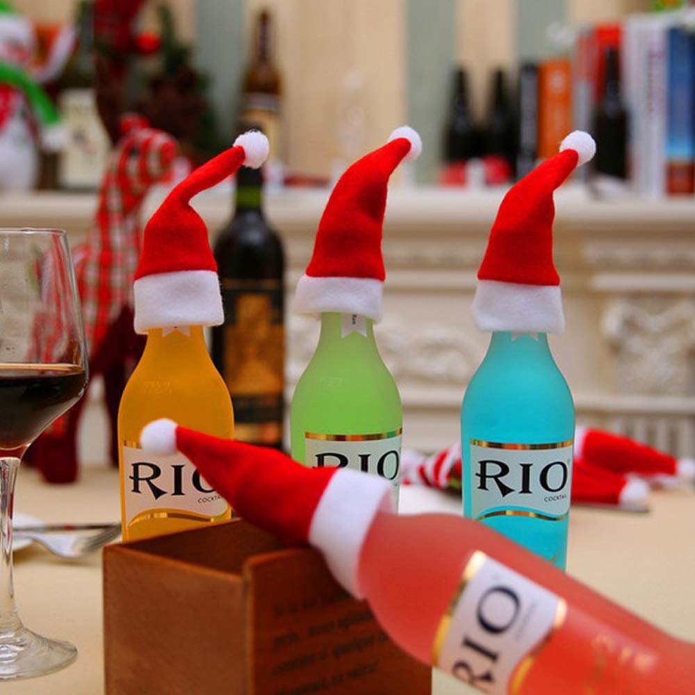 Christmas Santa Hats Silverware Holders - Xmas Party Dinner Table Dinnerware Decorations Supplies,for Candy, Red Wine Bottle, Lollipop, Knife Fork, 10PCS Mini Santa Hats