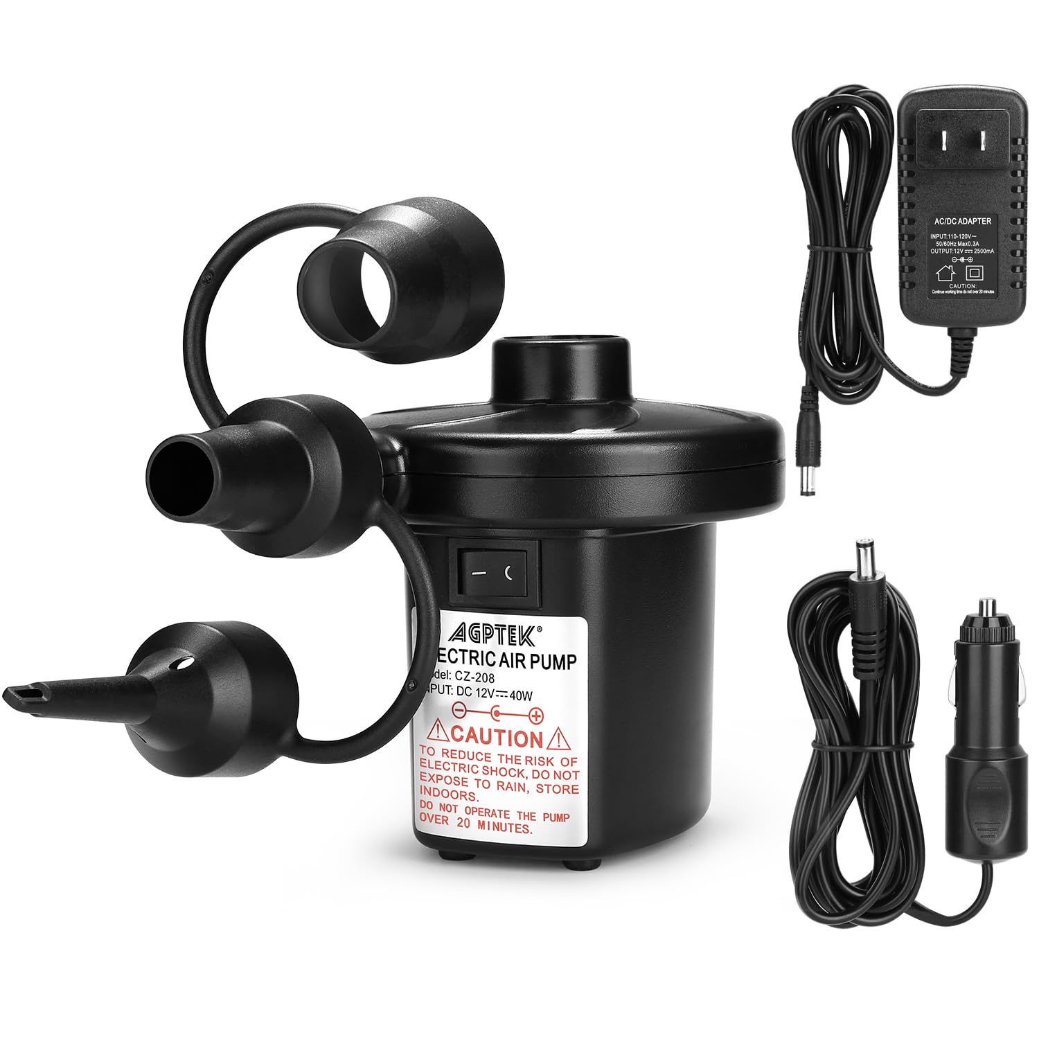 Electric Air Pump, AGPtEK Portable Quick-Fill Air Pump with 3 Nozzles, 110V AC/12V DC, Perfect Inflator/Deflator Pumps for Outdoor Camping, Inflatable Cushions, Air Mattress Beds, Boats, Swimming Ring