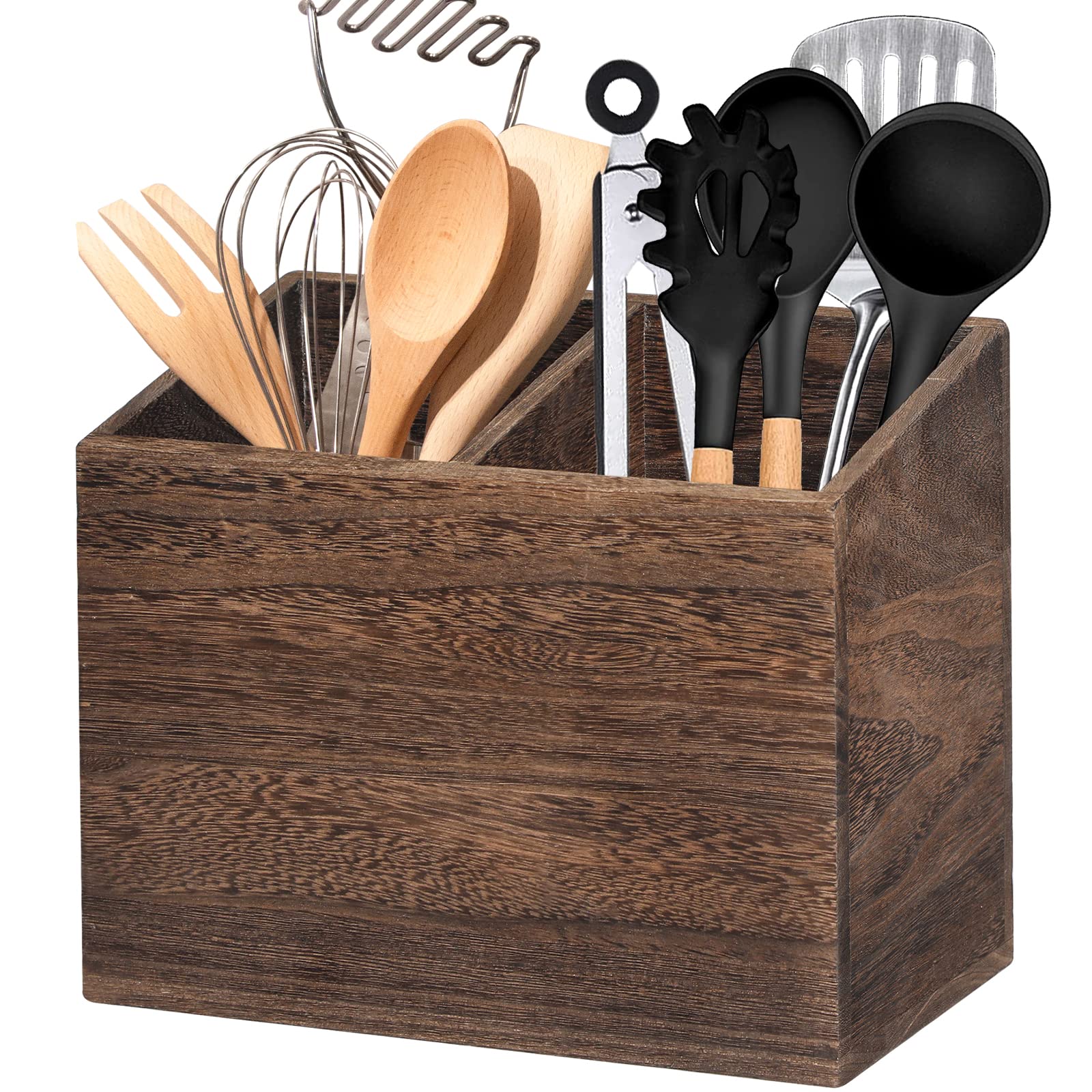 Wooden Kitchen Utensil Caddy With 2 Compartments, Rustic Kitchen Utensil Holder for Kitchen Countertop, Wood Utensil Crock Organizer Box for Farmhouse Kitchen Decor