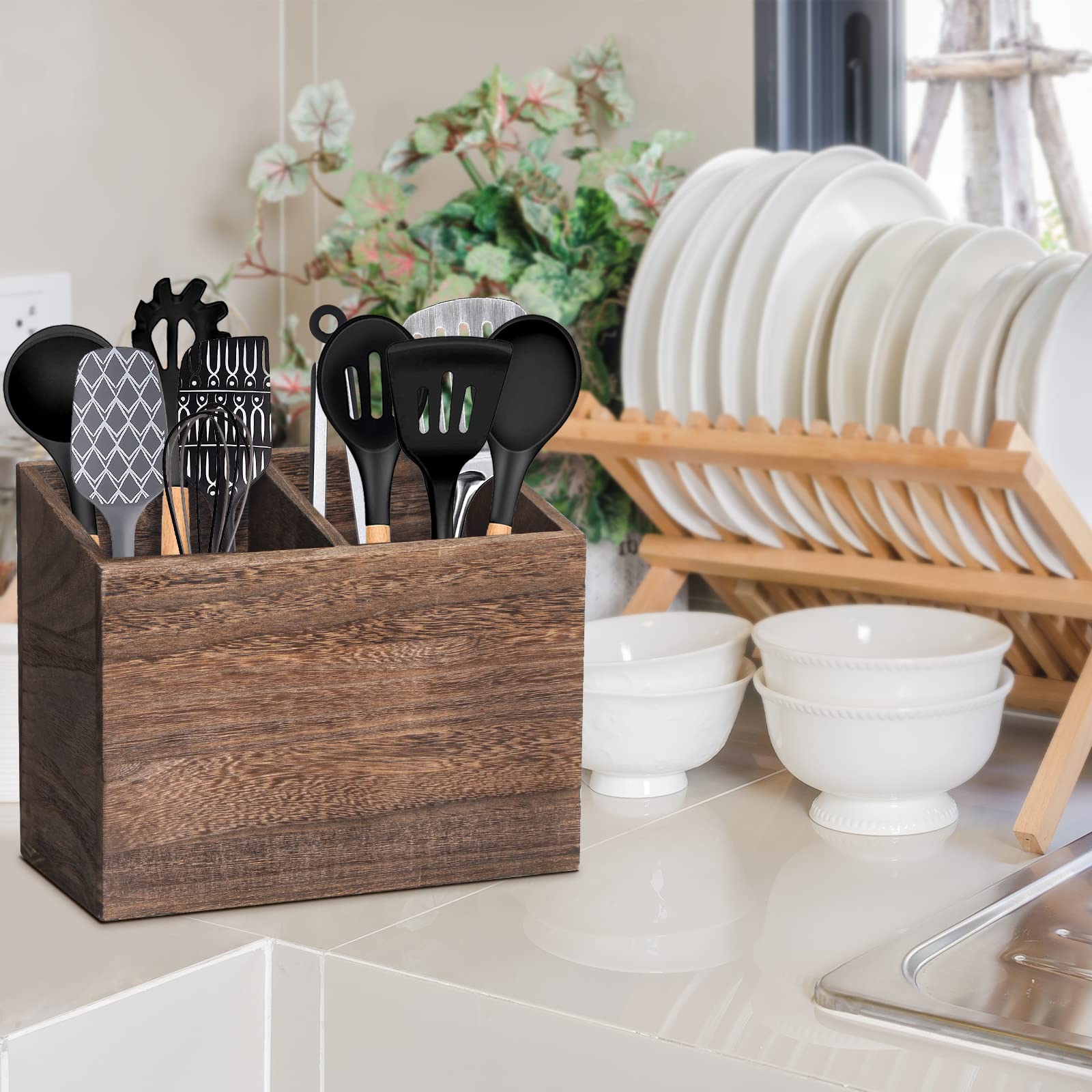 Wooden Kitchen Utensil Caddy With 2 Compartments, Rustic Kitchen Utensil Holder for Kitchen Countertop, Wood Utensil Crock Organizer Box for Farmhouse Kitchen Decor