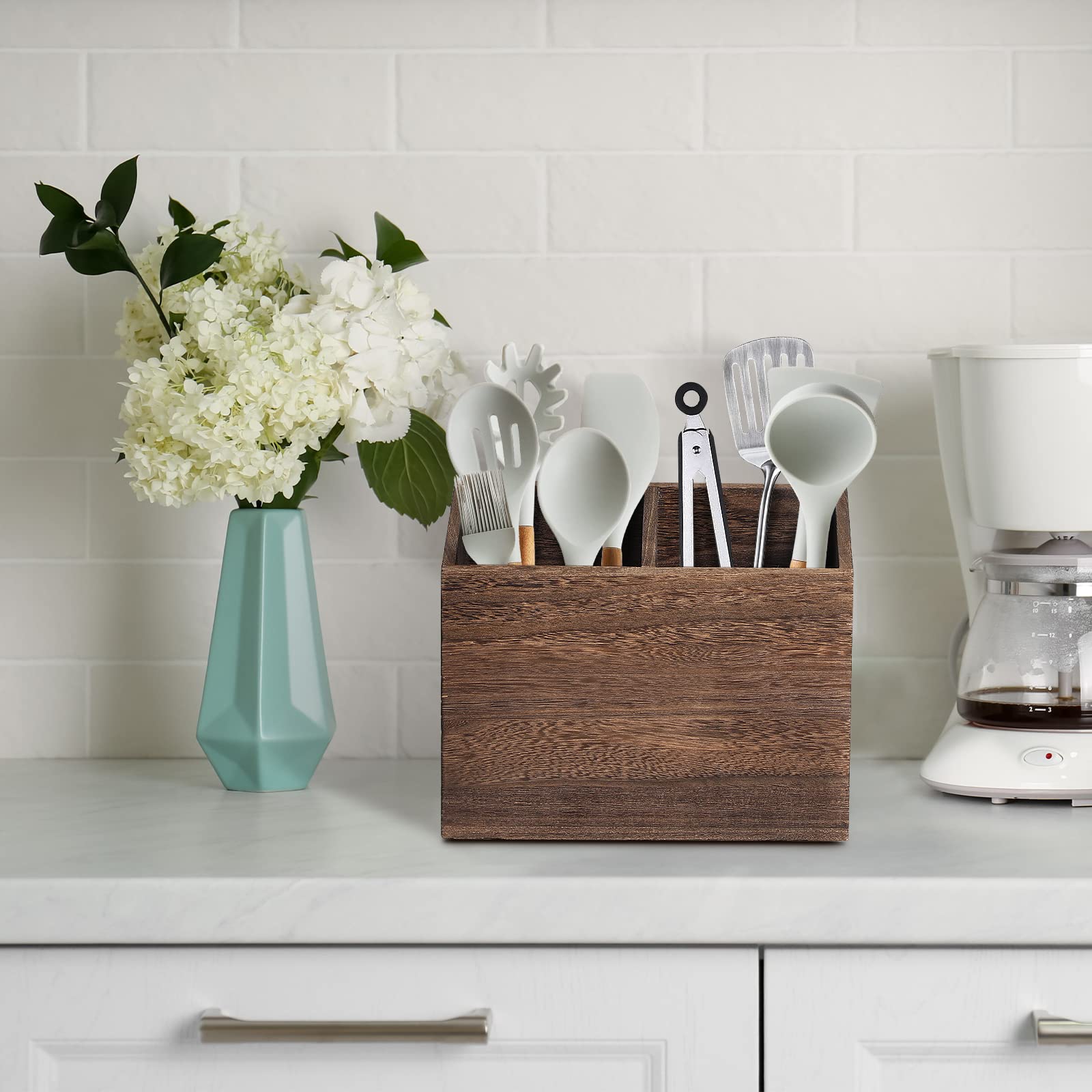 Wooden Kitchen Utensil Caddy With 2 Compartments, Rustic Kitchen Utensil Holder for Kitchen Countertop, Wood Utensil Crock Organizer Box for Farmhouse Kitchen Decor