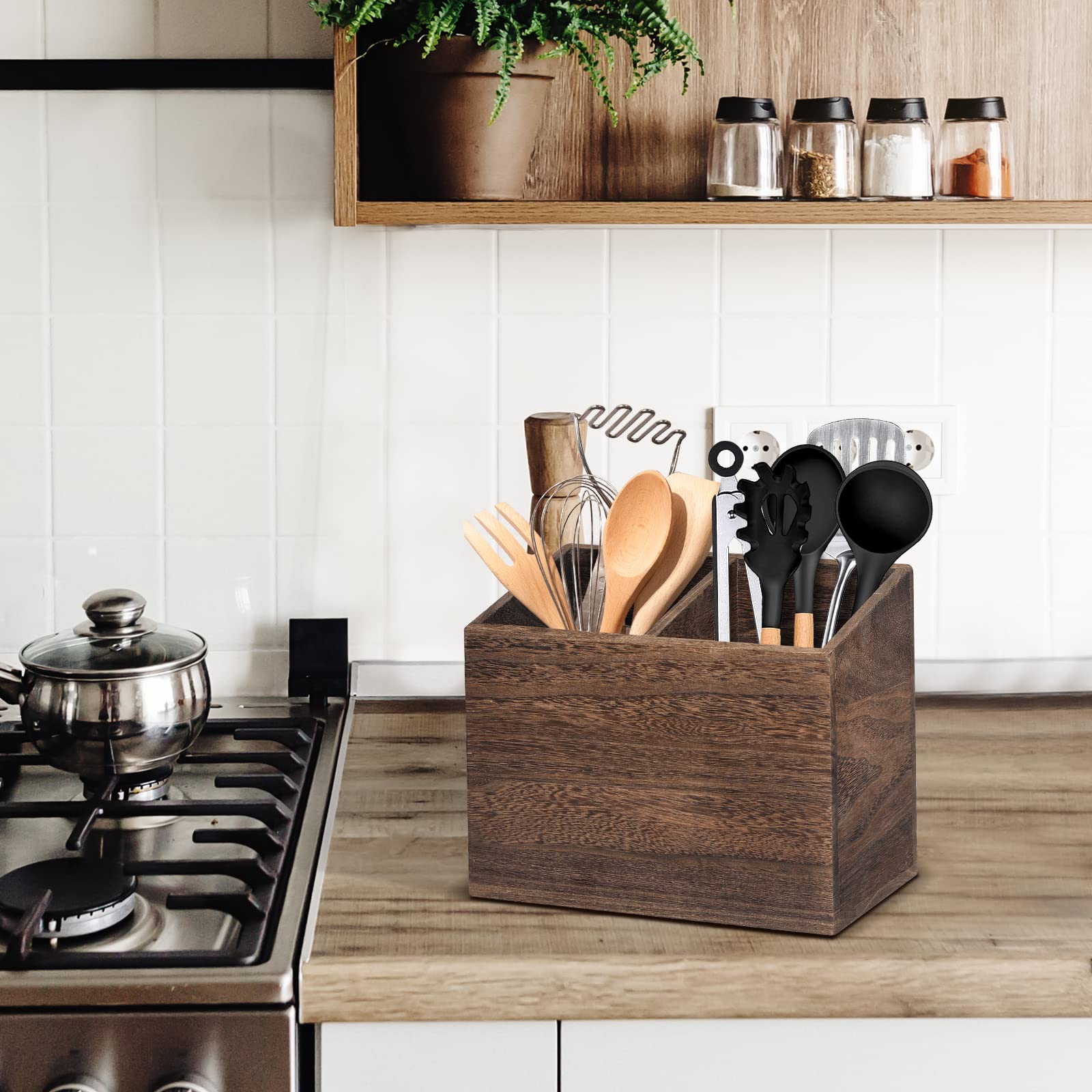 Wooden Kitchen Utensil Caddy With 2 Compartments, Rustic Kitchen Utensil Holder for Kitchen Countertop, Wood Utensil Crock Organizer Box for Farmhouse Kitchen Decor
