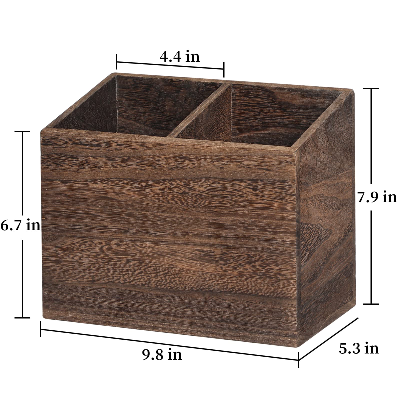 Wooden Kitchen Utensil Caddy With 2 Compartments, Rustic Kitchen Utensil Holder for Kitchen Countertop, Wood Utensil Crock Organizer Box for Farmhouse Kitchen Decor