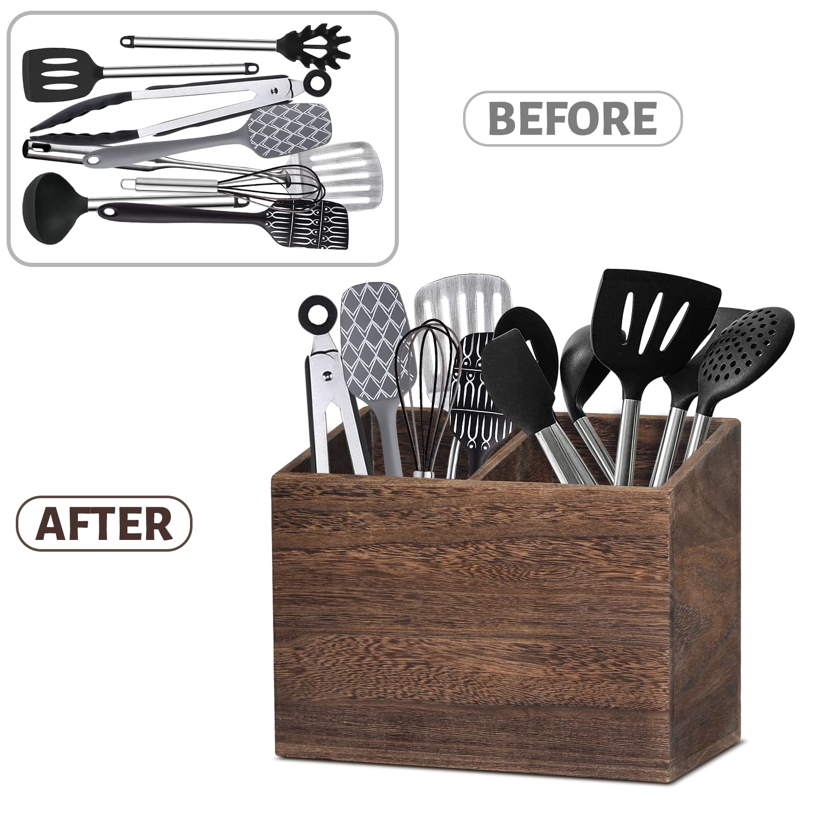 Wooden Kitchen Utensil Caddy With 2 Compartments, Rustic Kitchen Utensil Holder for Kitchen Countertop, Wood Utensil Crock Organizer Box for Farmhouse Kitchen Decor