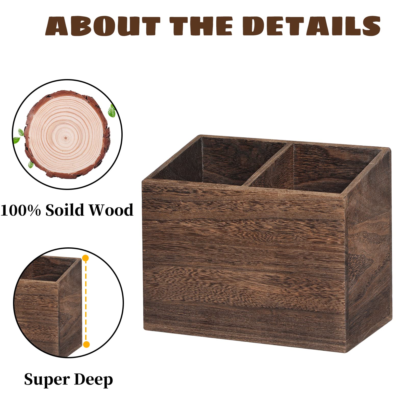 Wooden Kitchen Utensil Caddy With 2 Compartments, Rustic Kitchen Utensil Holder for Kitchen Countertop, Wood Utensil Crock Organizer Box for Farmhouse Kitchen Decor