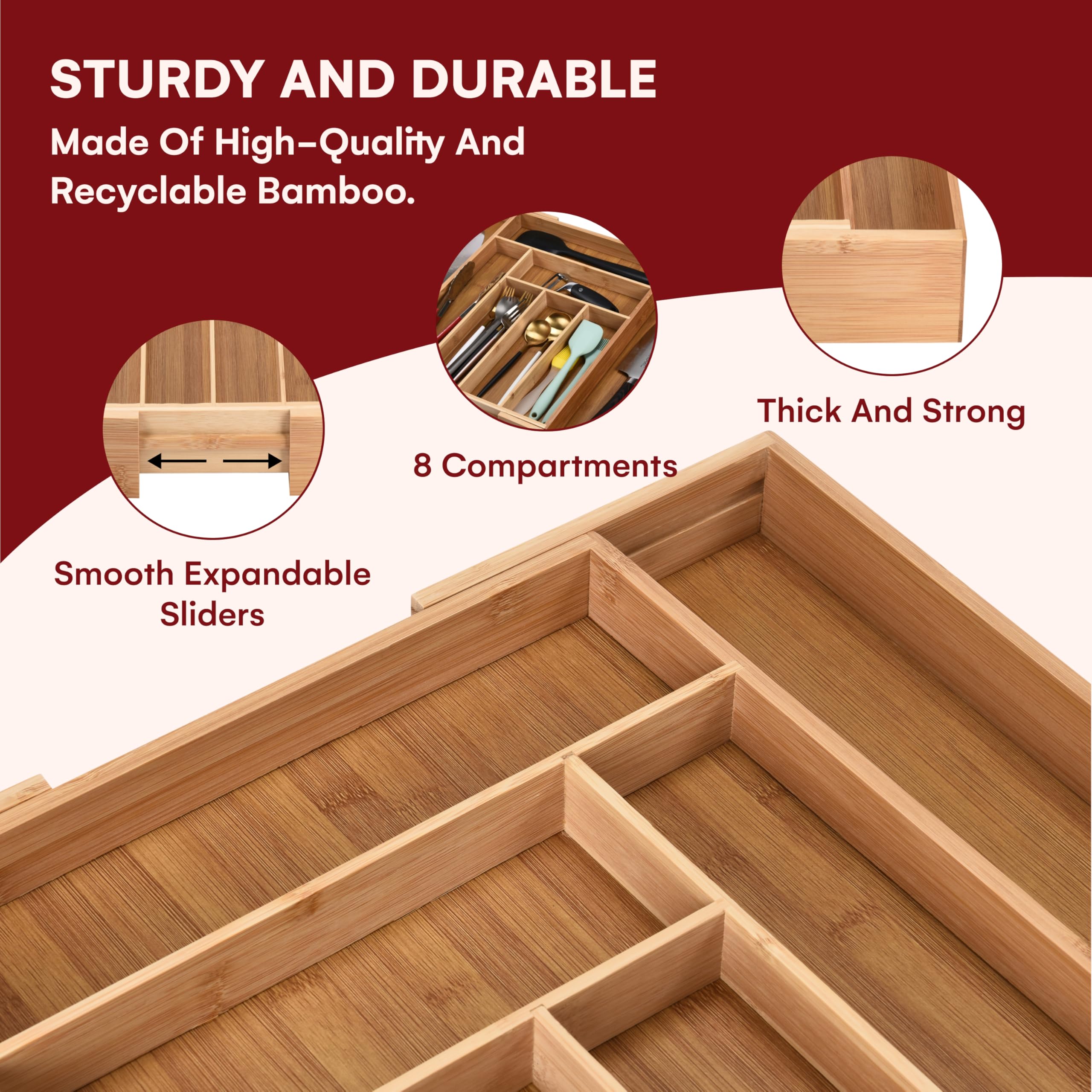 KITCHTIC Expandable Bamboo Drawer Organizer for Utensils, Cutlery, Silverware, Flatware, Knives for Kitchen - Wooden Cabinet Drawers Dividers for Spoon, Fork, Knife - Adjustable to any Size