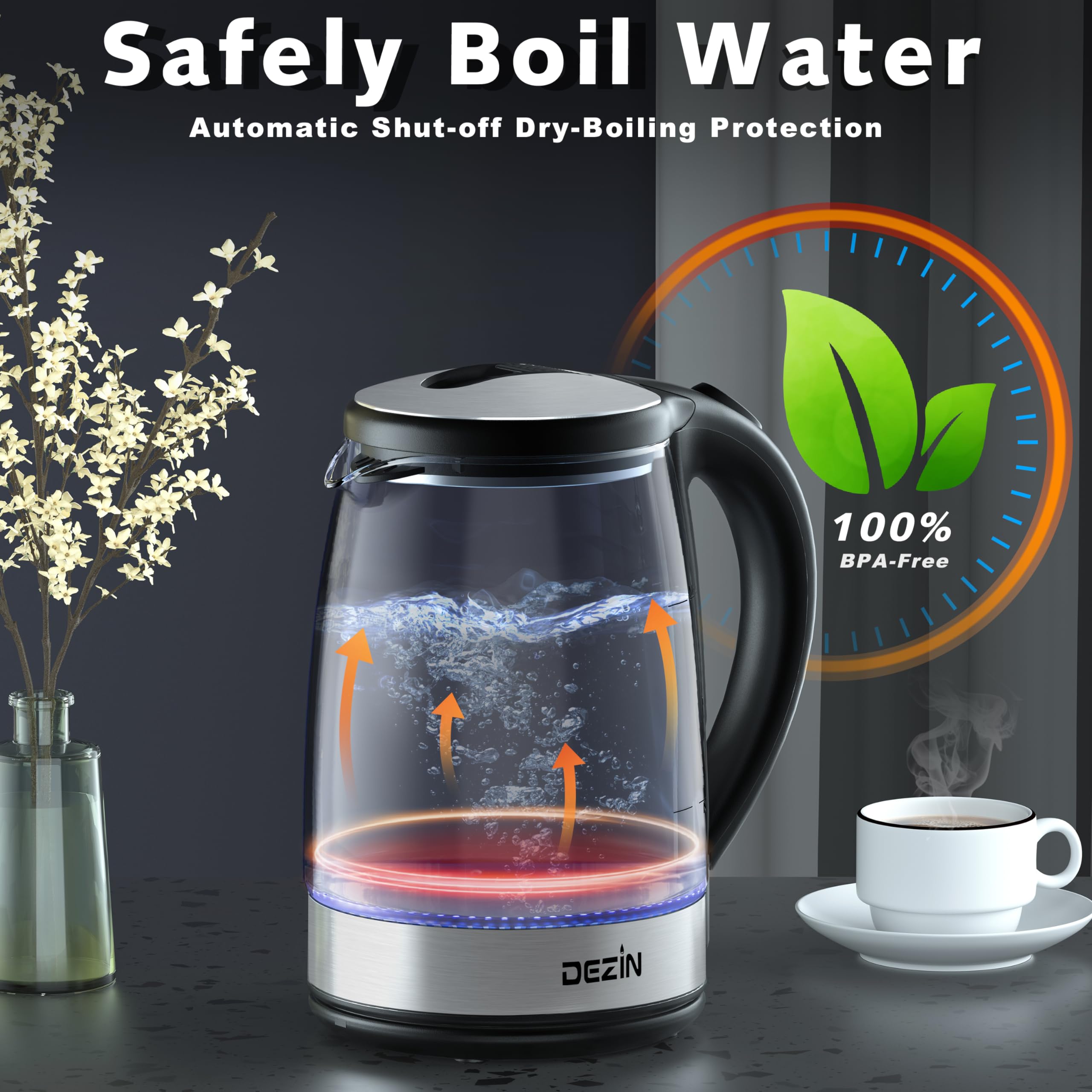 Dezin Electric Kettle, BPA Free Glass Electric Tea Kettle, 304 Stainless Steel Hot Water Kettle Warmer 1.8L with Fast Boil, Auto Shut-Off Boil Dry Protection Tech for Coffee, Tea