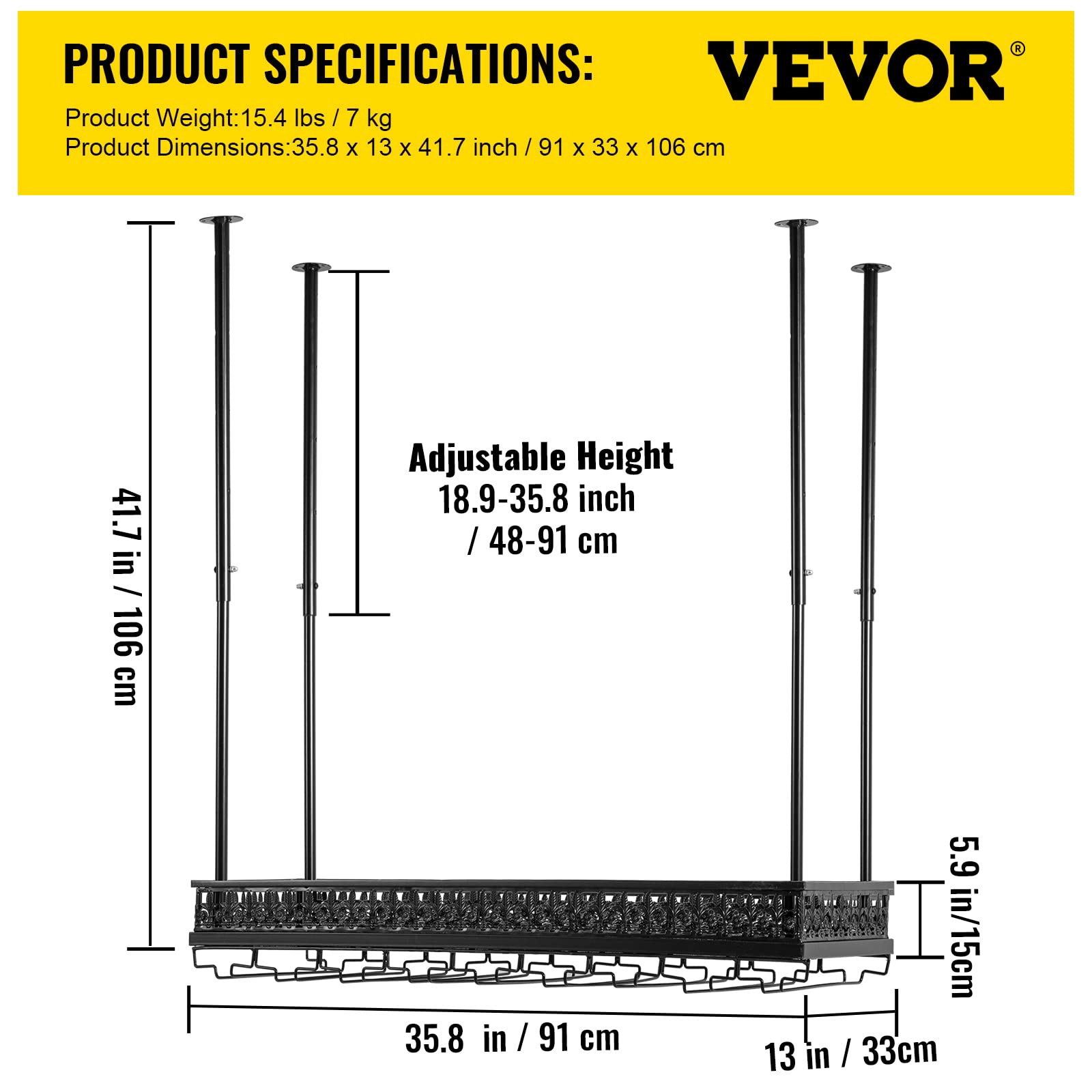 VEVOR Ceiling Wine Glass Rack, 35.8 x 13 inch Hanging Wine Glass Rack, 18.9-35.8 inch Height Adjustable Hanging Wine Rack Cabinet, Black Wall-Mounted Wine Glass Rack Perfect for Bar Cafe Kitchen