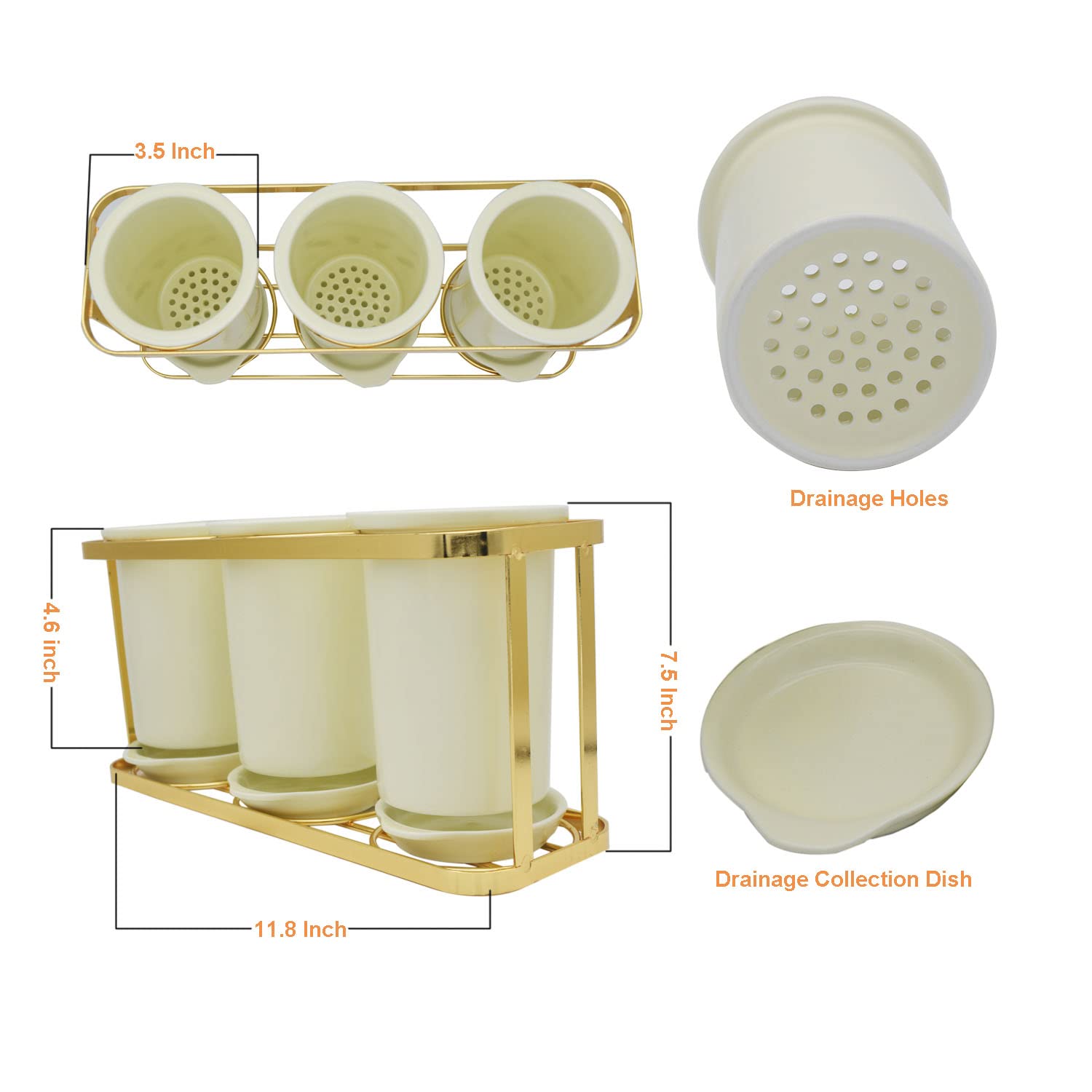FORESEEX Ceramic Kitchen Outdoor Silverware Caddy Flatware Cutlery Holder Utensils Organizer with Drain Tray and Metal Rack for Spoons Knives and Forks (Light Yellow 3 Cups)