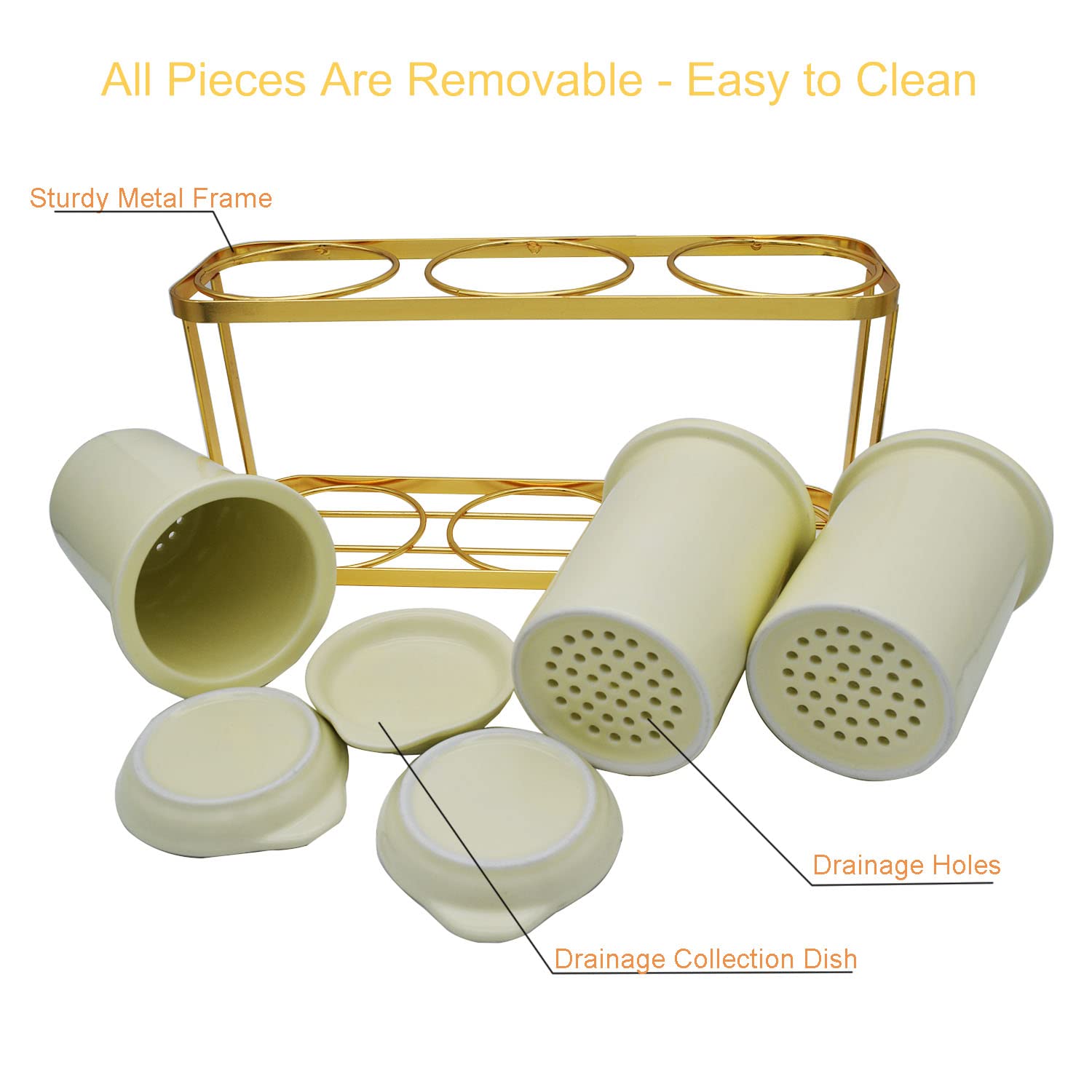 FORESEEX Ceramic Kitchen Outdoor Silverware Caddy Flatware Cutlery Holder Utensils Organizer with Drain Tray and Metal Rack for Spoons Knives and Forks (Light Yellow 3 Cups)