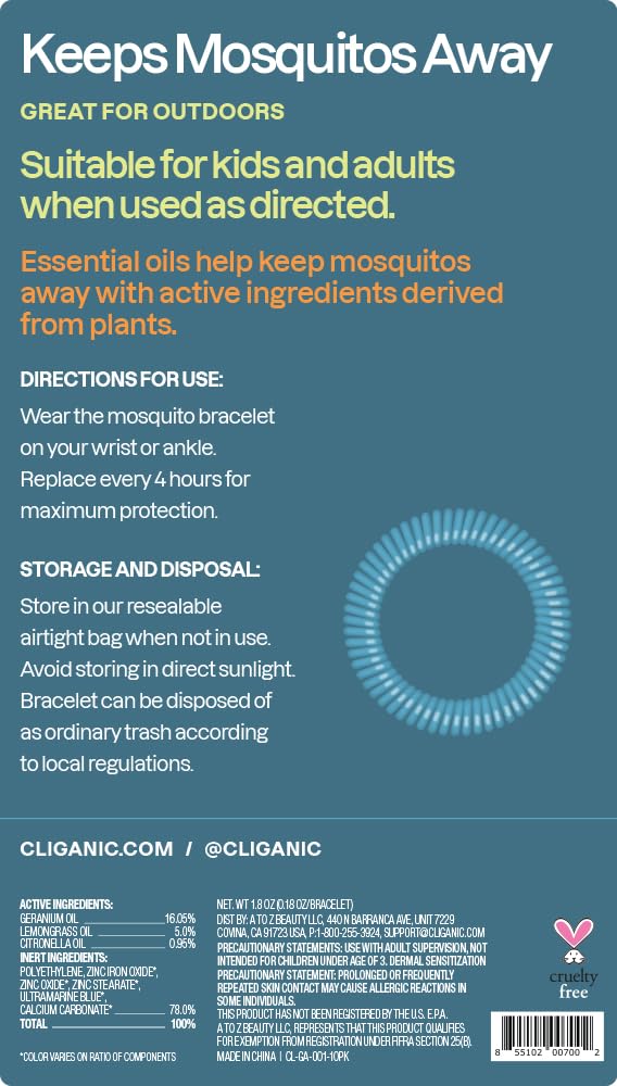 Cliganic 10 Pack Mosquito Repellent Bracelets, DEET-Free Bands, Individually Wrapped