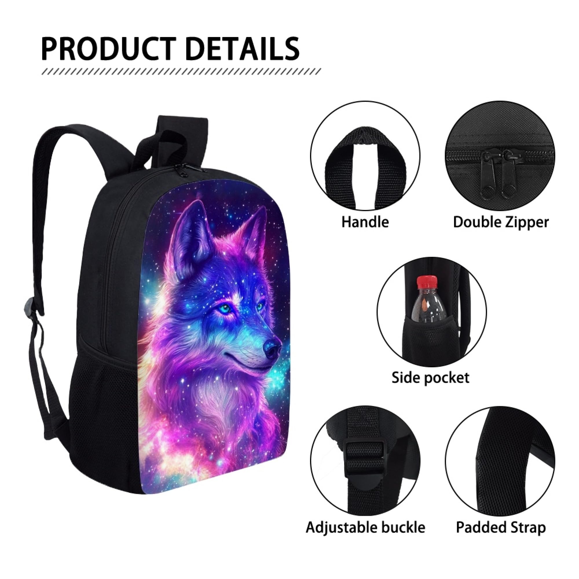 HELLHERO 3pcs/set Galaxy Wolf Backpack School Bag Boys Secondary School Girls Schoolbag for Kids Bookbag with Lunch Box Pencil Purse Hiking Camping Travel Picnic Laptop Backpacks Rucksacks
