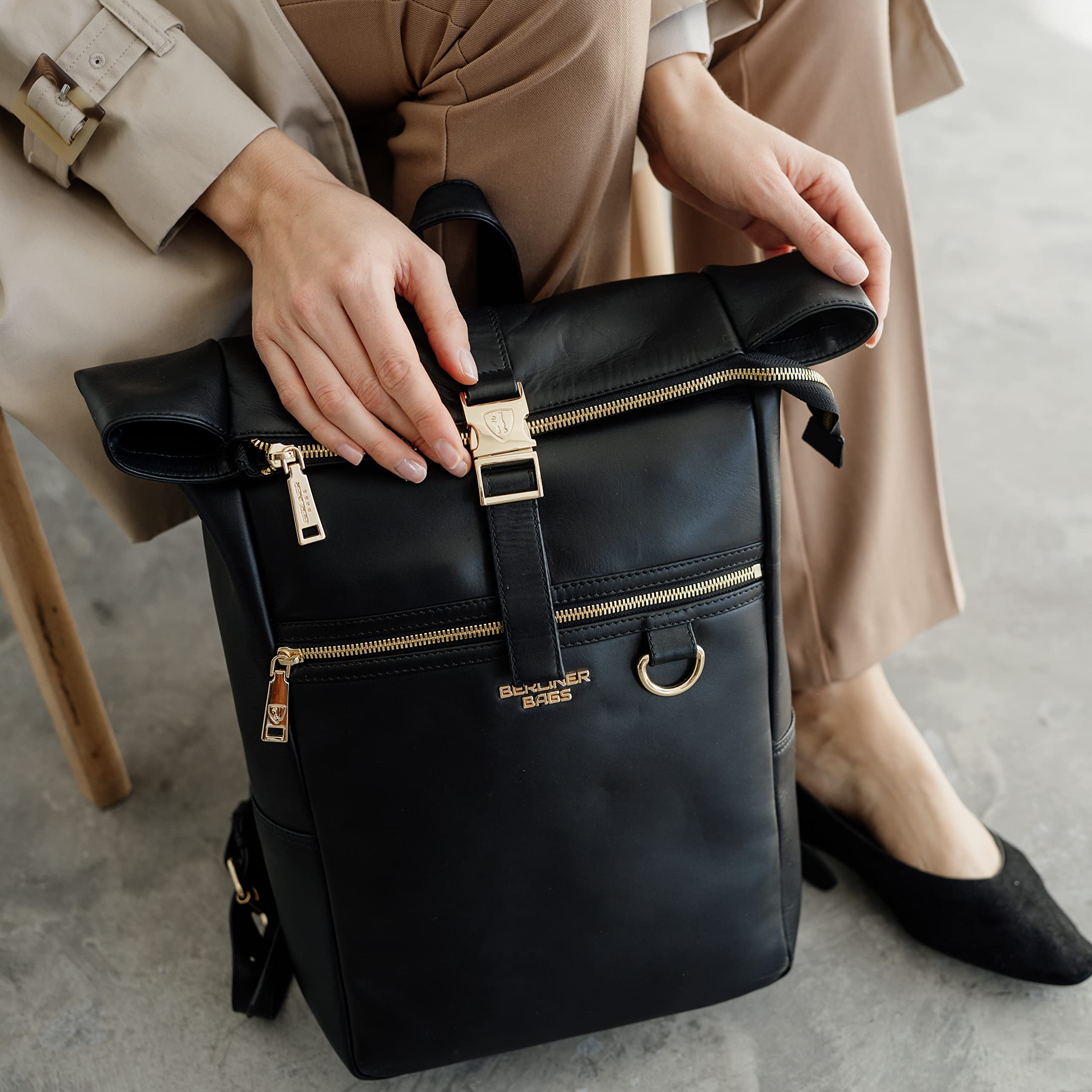 BERLINER BAGS Premium Leather Backpack Harlem, Laptop Bag and Travel Rucksack for Women - Black/Gold