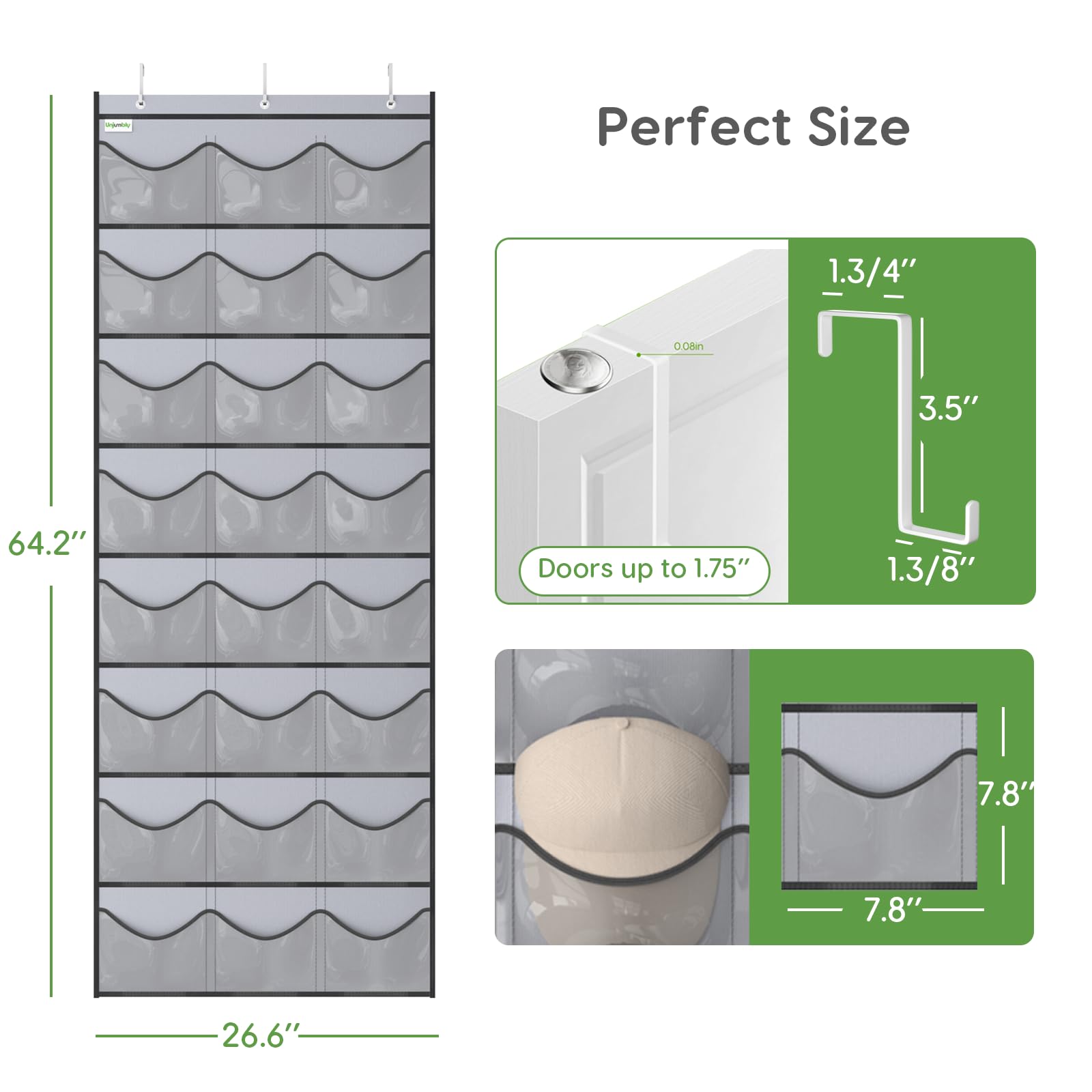 Unjumbly Baseball Hat Rack, 24 Pocket Over-The-Door Cap Organizer with Clear Deep Pockets to Protect, Store and Display Your Baseball Caps Collection, Complete with Over Door Hooks