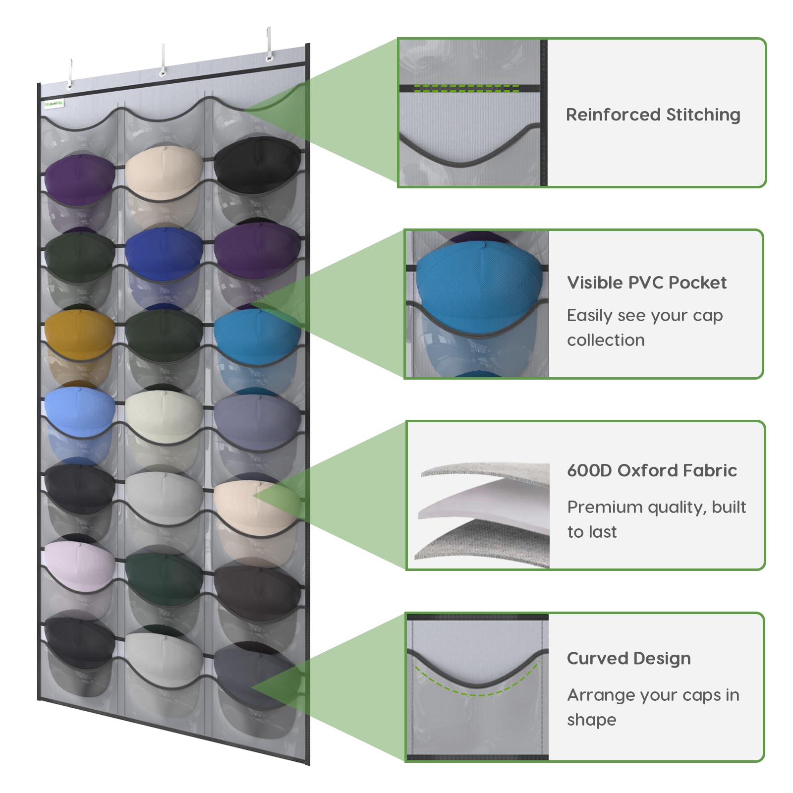 Unjumbly Baseball Hat Rack, 24 Pocket Over-The-Door Cap Organizer with Clear Deep Pockets to Protect, Store and Display Your Baseball Caps Collection, Complete with Over Door Hooks