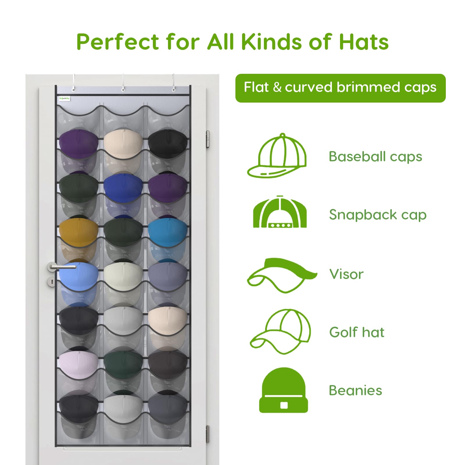 Unjumbly Baseball Hat Rack, 24 Pocket Over-The-Door Cap Organizer with Clear Deep Pockets to Protect, Store and Display Your Baseball Caps Collection, Complete with Over Door Hooks