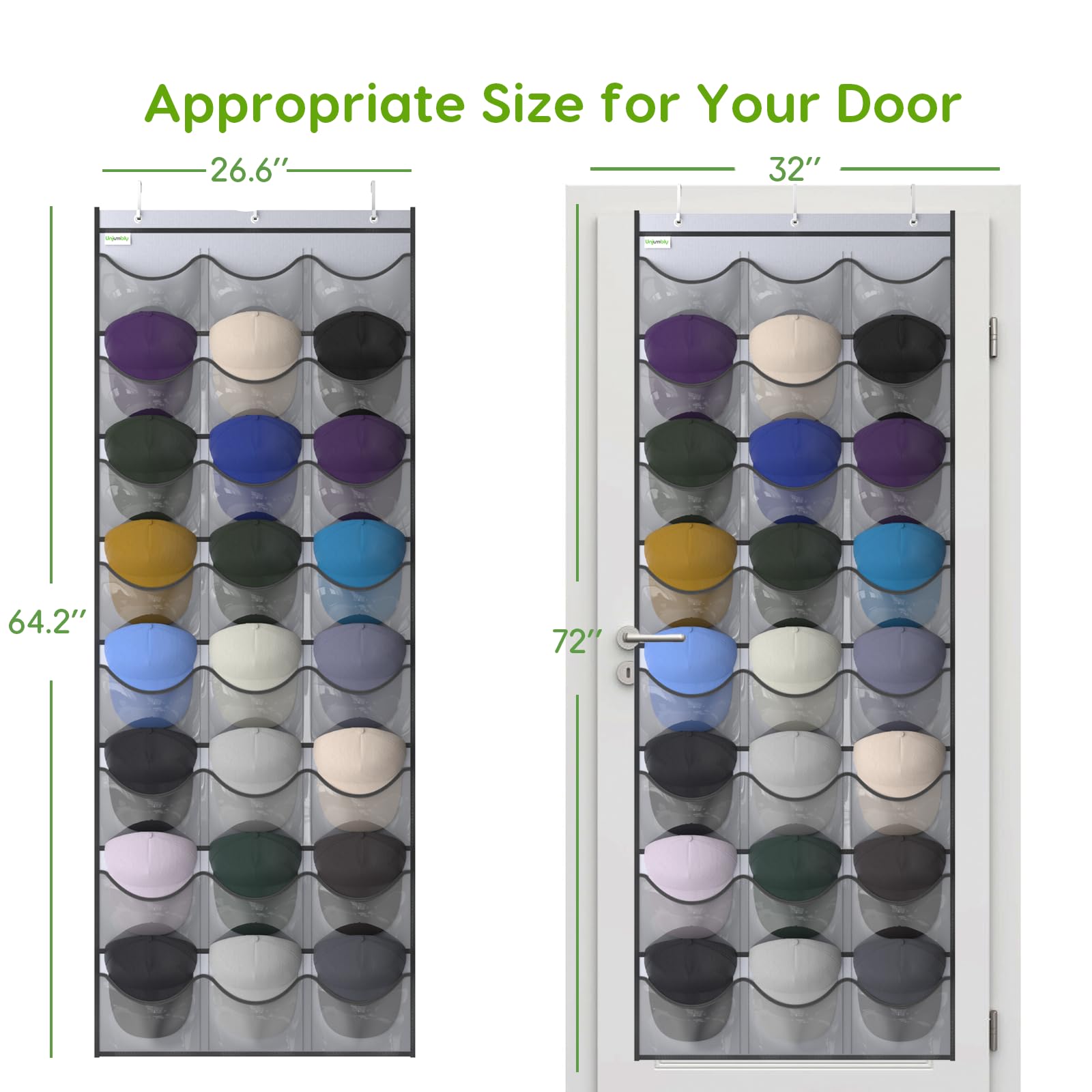 Unjumbly Baseball Hat Rack, 24 Pocket Over-The-Door Cap Organizer with Clear Deep Pockets to Protect, Store and Display Your Baseball Caps Collection, Complete with Over Door Hooks