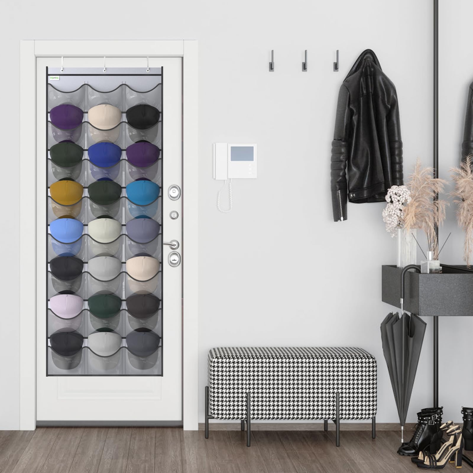 Unjumbly Baseball Hat Rack, 24 Pocket Over-The-Door Cap Organizer with Clear Deep Pockets to Protect, Store and Display Your Baseball Caps Collection, Complete with Over Door Hooks