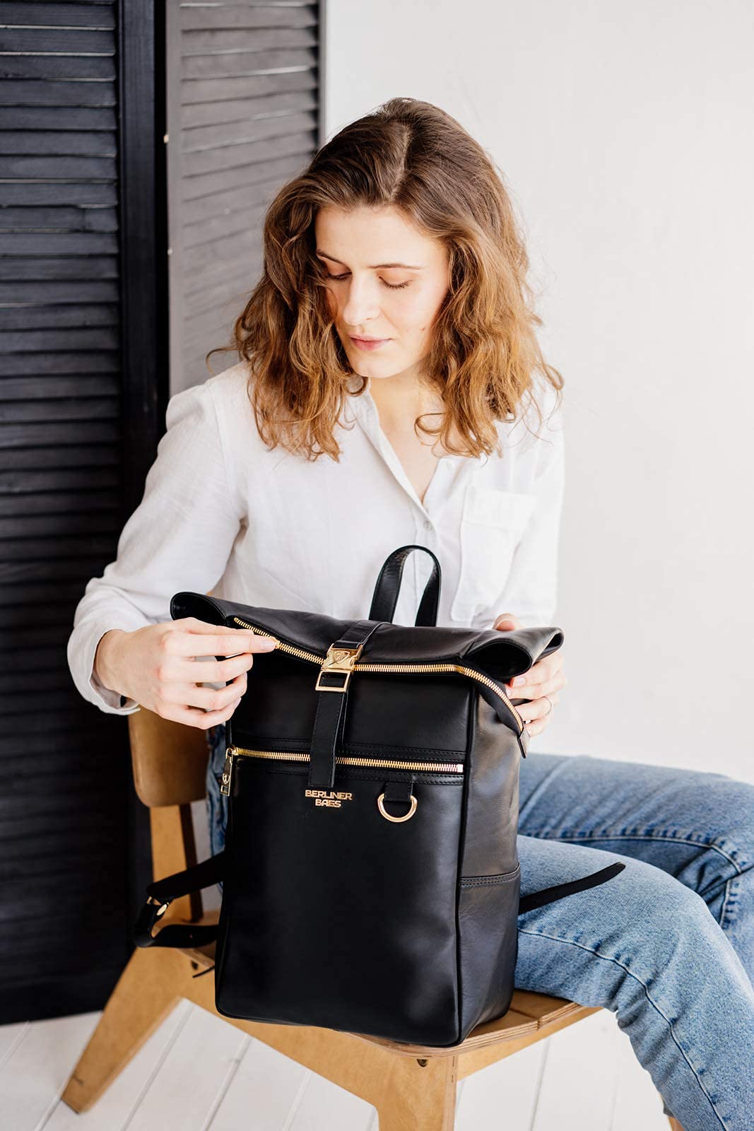 BERLINER BAGS Premium Leather Backpack Harlem, Laptop Bag and Travel Rucksack for Women - Black/Gold