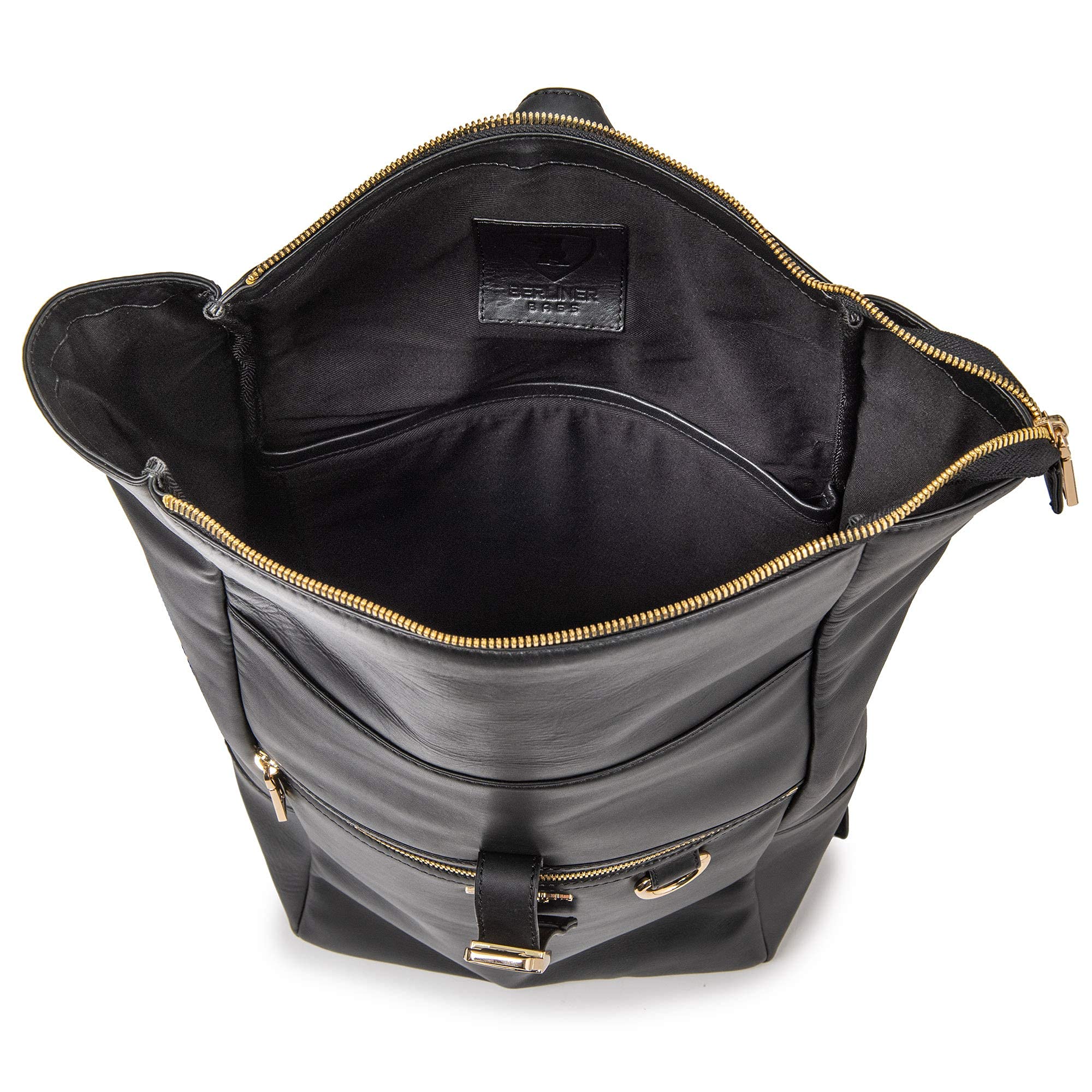 BERLINER BAGS Premium Leather Backpack Harlem, Laptop Bag and Travel Rucksack for Women - Black/Gold
