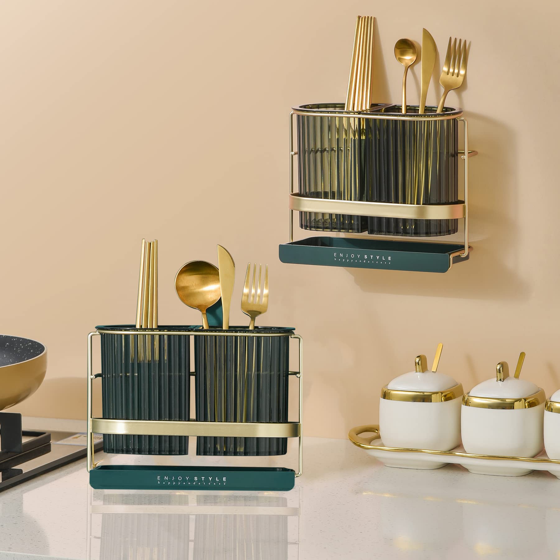 HAFUU Wall Mount Chopstick Holder with Drain Tray, Utensil Holder Silverware Drying Rack for Countertop Sink Flatware Caddy, Hanging Utensil Holder for Chopsticks Straws Forks Spoons Knives