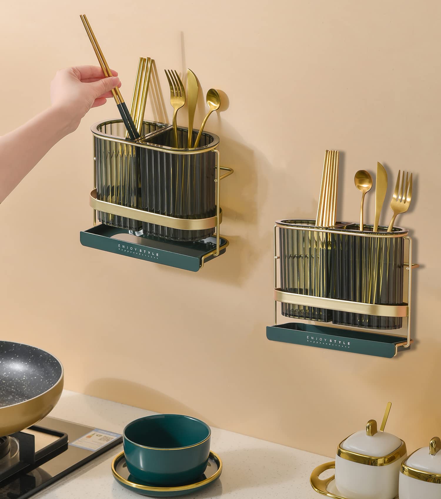 HAFUU Wall Mount Chopstick Holder with Drain Tray, Utensil Holder Silverware Drying Rack for Countertop Sink Flatware Caddy, Hanging Utensil Holder for Chopsticks Straws Forks Spoons Knives