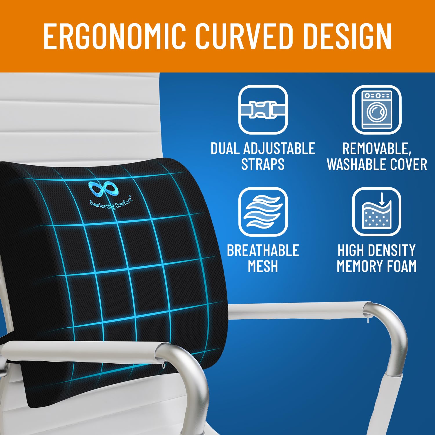 Everlasting Comfort Lumbar Support Pillow for Office Chair Back - Improve Posture While Sitting - Memory Foam Cushion Design for Computer Desk, Car, Gaming, Couch, Recliner