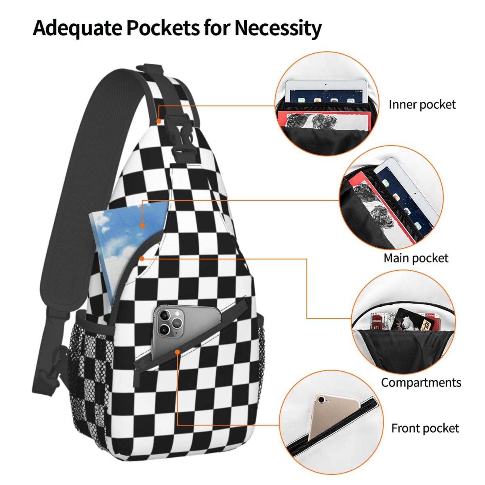 Pubvnih Black White Checkered Flag Sling Backpack Crossbody Shoulder Bags for Women Men, Sling Bag Travel Hiking Chest Bag Daypack Unisex