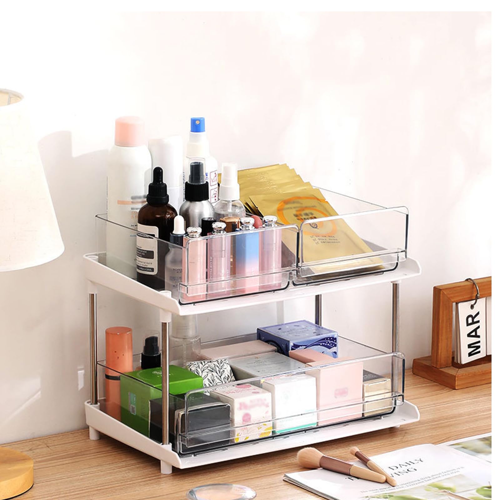 ZEAYEA 2 Tier Clear Organizer, Multi-Purpose Slide-Out Storage Container, Bathroom Vanity Countertop Organizer, Under Sink Organizer with Pull Out Drawer for Kitchen Pantry Office Desktop Cabinet