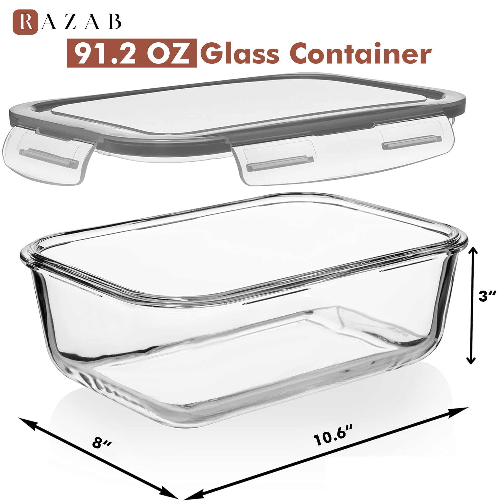 2700ML / 91.3oz X-LARGE Glass Food Storage Container with Locking Lid Ideal for Storing food, Vegetables & Fruits. Baking, Casserole, Roasting & lot more - BPA Free Leak Proof - Fridge to Oven Safe - Clear