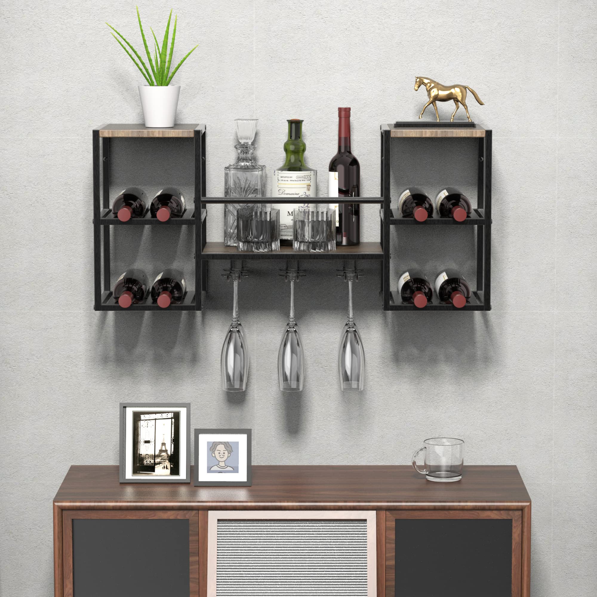 MOOMLIFE Wine Rack Wall Mounted with 3 Stem Glass Holders, Holds 12 Bottles Wine, Liquor Bottle Display Shelf, Elegant Storage for Kitchen, Dining Room