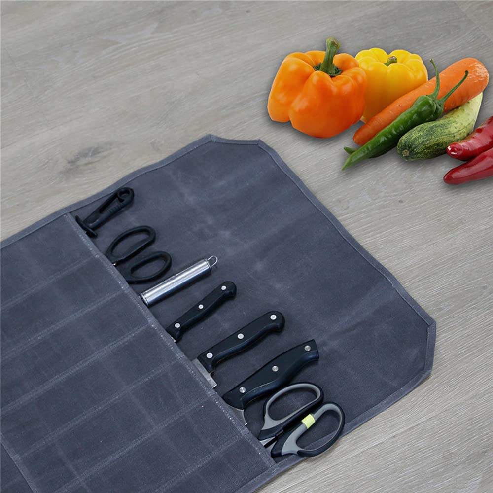 Knife Storage Bags and Rolls, Waxed Canvas Chefs Knife Carrier Holder, Cooking Knives and Utensils Wrap Bag, 7 Pockets Portable Protector Case for Kitchen Tools (Green)