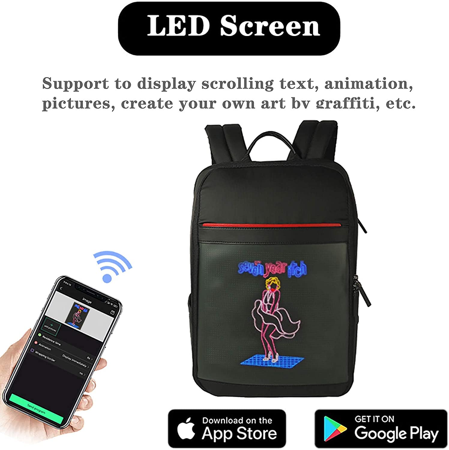 Welaso Smart Bluetooth LED Backpack with Colorful LED Sign Panel and Programmable, DIY Laptop Daypack Bag,Black (Large 25L,without Rain Cover)