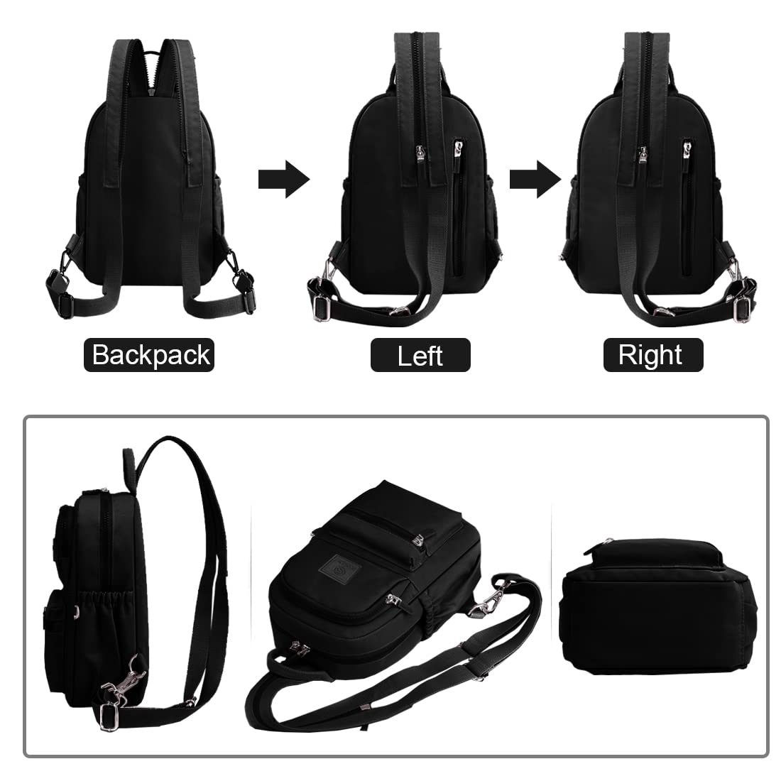Sunwel Fashion Mini Backpack & Sling Bag 2 Way Carry Nylon Casual Daypack Chest Bag with Detachable Pom Pom Ball Keychain for Women (black)