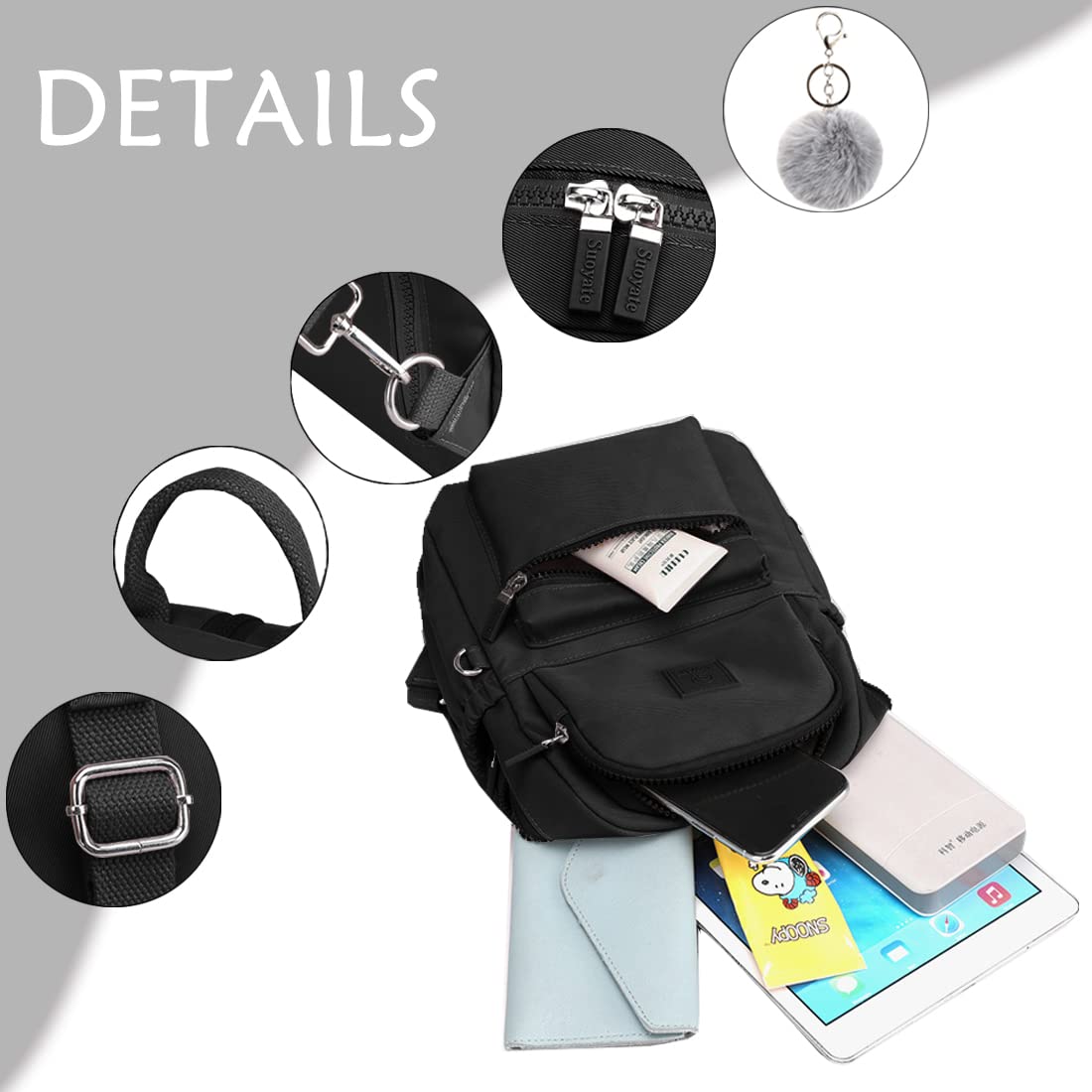 Sunwel Fashion Mini Backpack & Sling Bag 2 Way Carry Nylon Casual Daypack Chest Bag with Detachable Pom Pom Ball Keychain for Women (black)