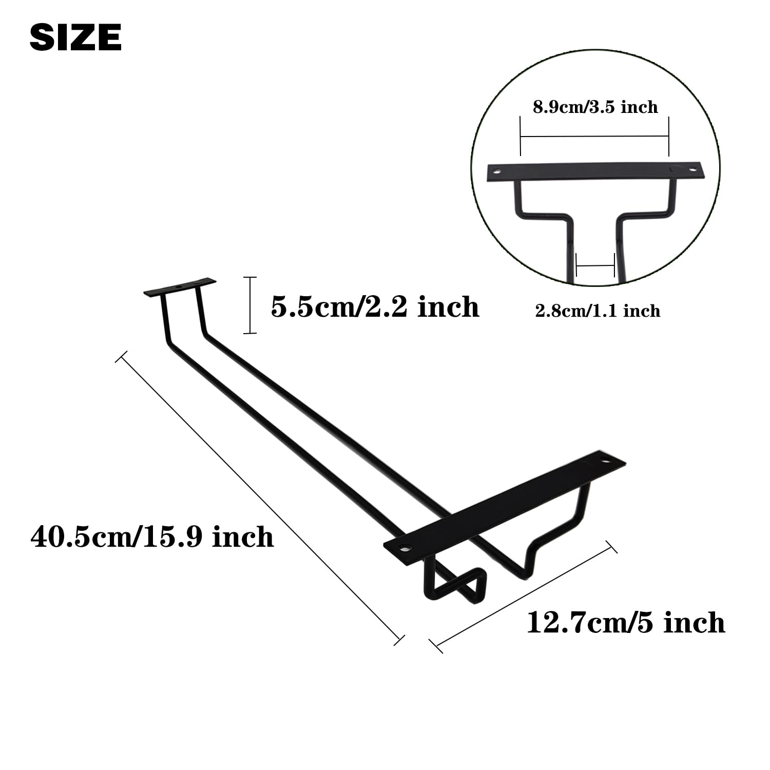 MATILODI 2 Pack 15.8-Inch Long Single Rail Metal Wine Glass Rack - Under Cabinet Stemware Wine Glass Storage Holder with Screws - Wire Wine Glass Hanger for RV Cabinet Kitchen Bar (Black, 2)