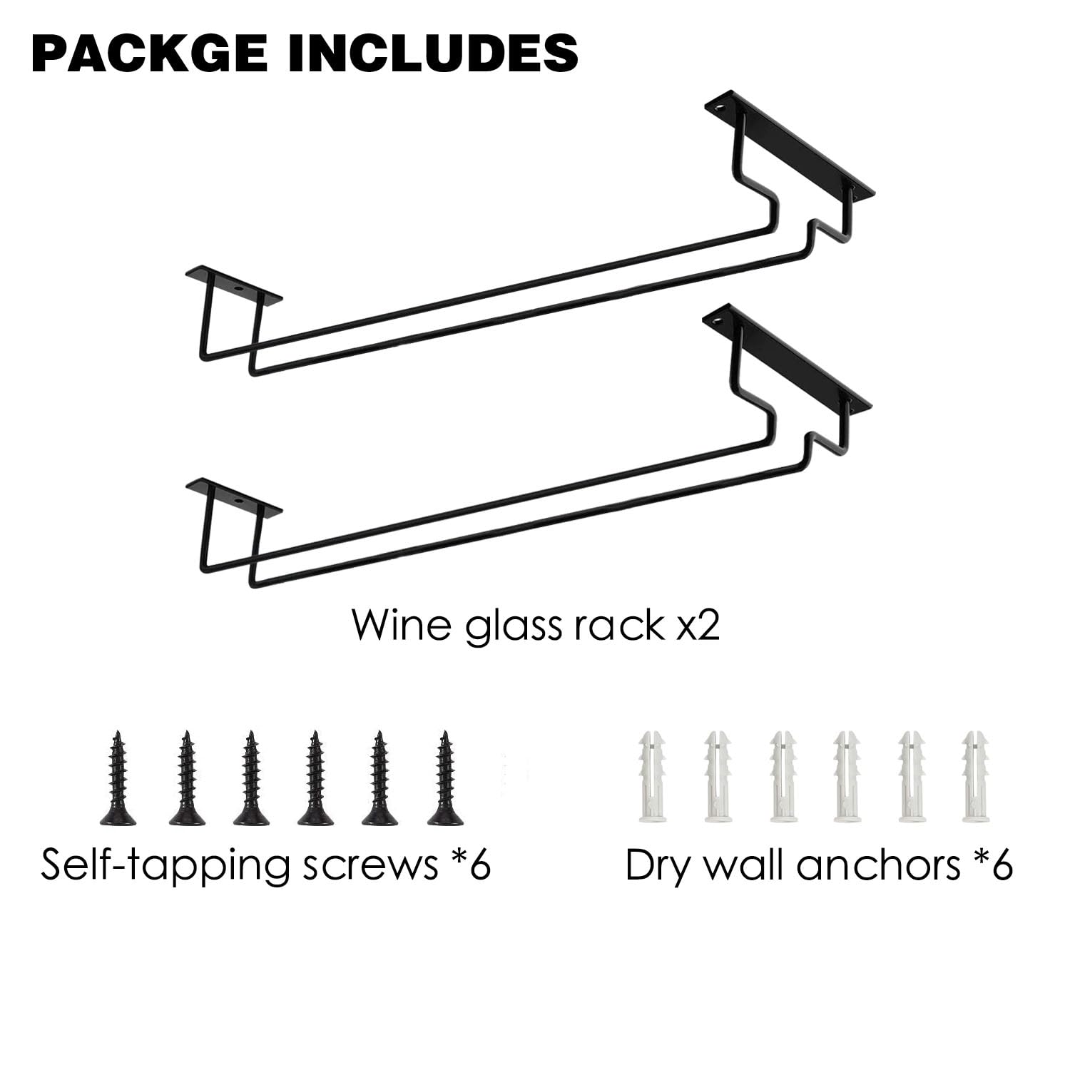 MATILODI 2 Pack 15.8-Inch Long Single Rail Metal Wine Glass Rack - Under Cabinet Stemware Wine Glass Storage Holder with Screws - Wire Wine Glass Hanger for RV Cabinet Kitchen Bar (Black, 2)
