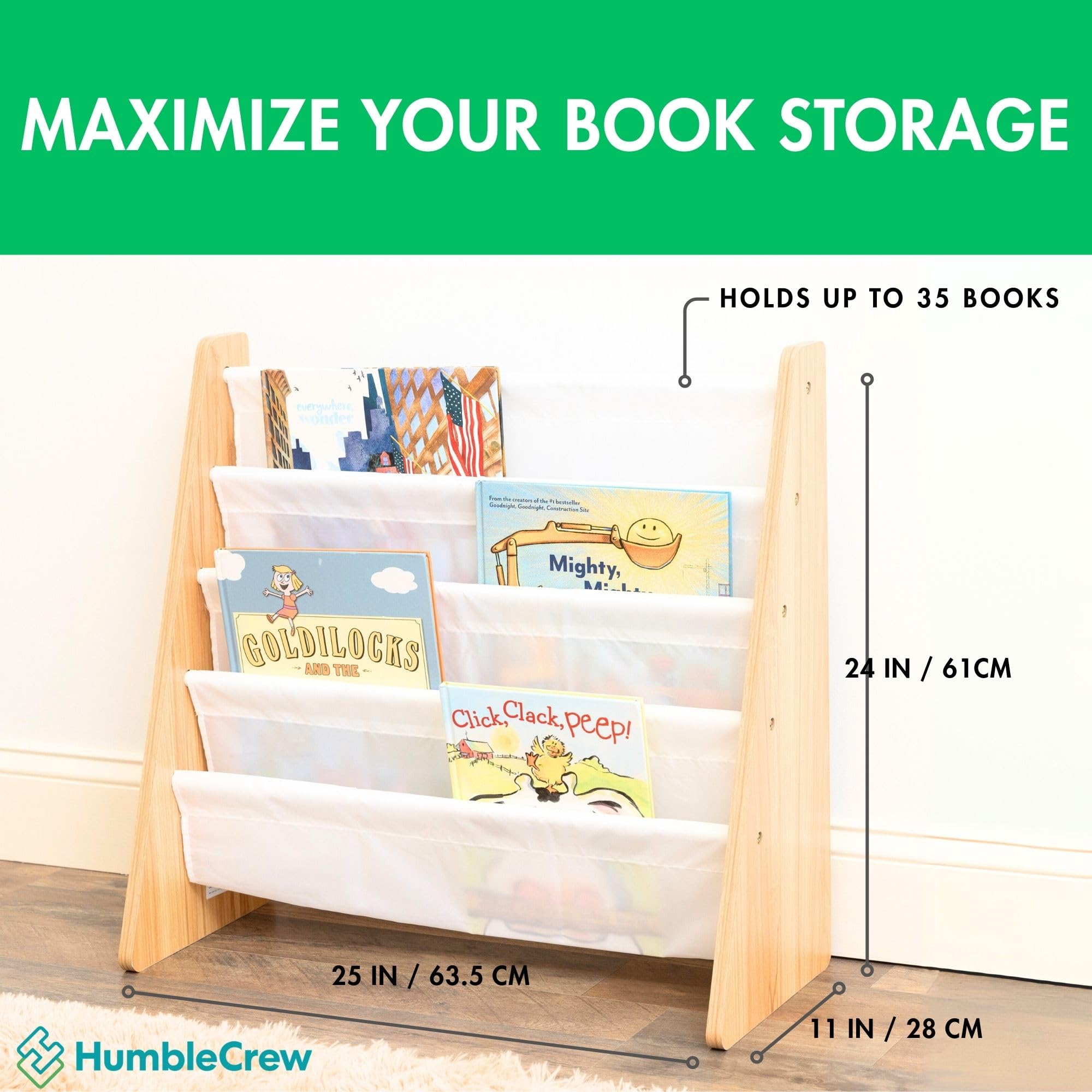 Humble Crew, Natural/White Kids Book Rack Storage Bookshelf with Deep Sleeves, Universal