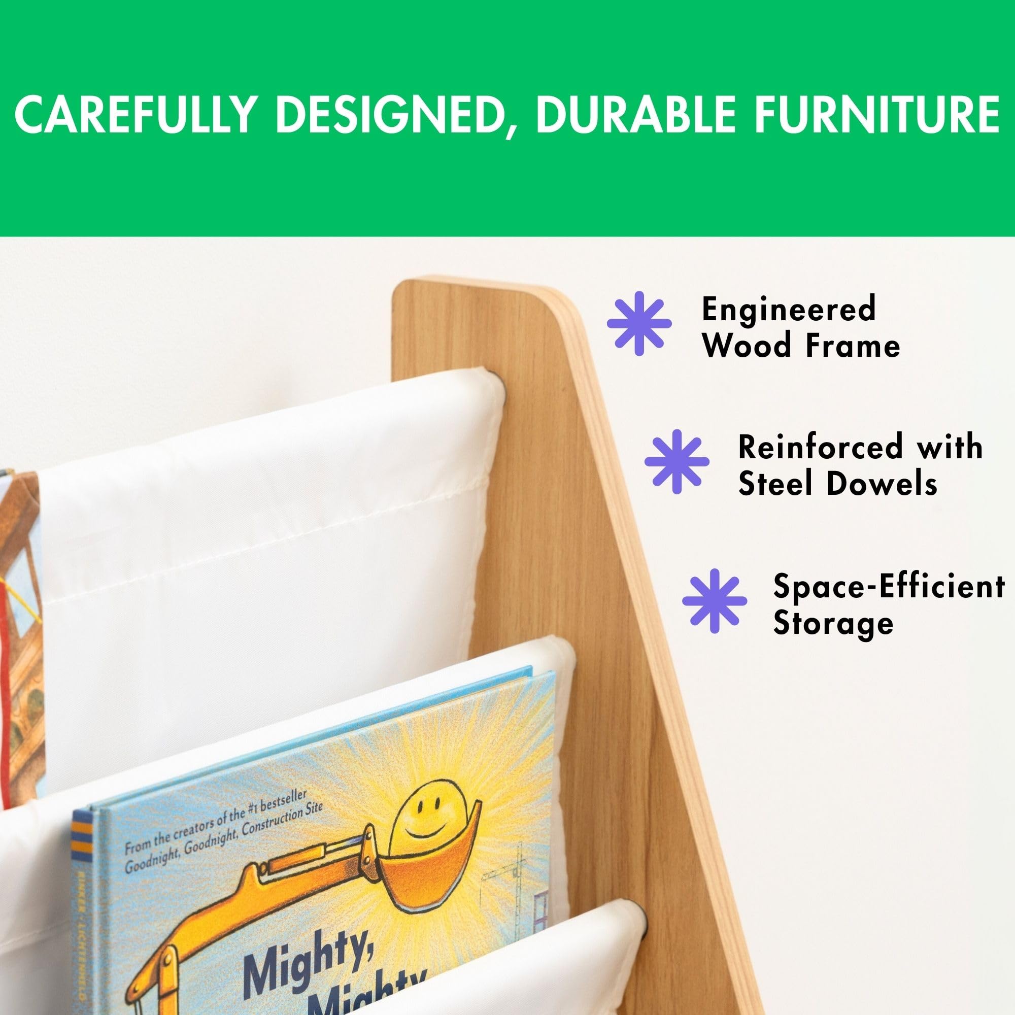 Humble Crew, Natural/White Kids Book Rack Storage Bookshelf with Deep Sleeves, Universal