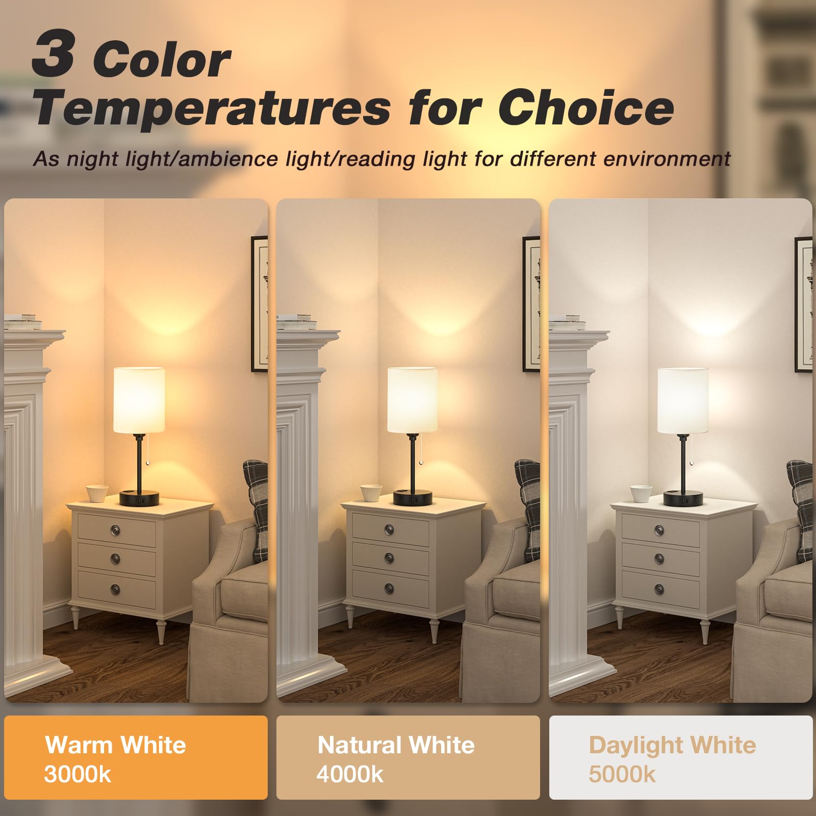 Small Bedroom Lamps 3 Color Temperatures - 2700K 3500K 5000K Bedside Lamps with USB C and A Ports, Pull Chain Table Lamps with AC Outlet, White Nightstand Lamps with Black Metal Base for Kids Reading