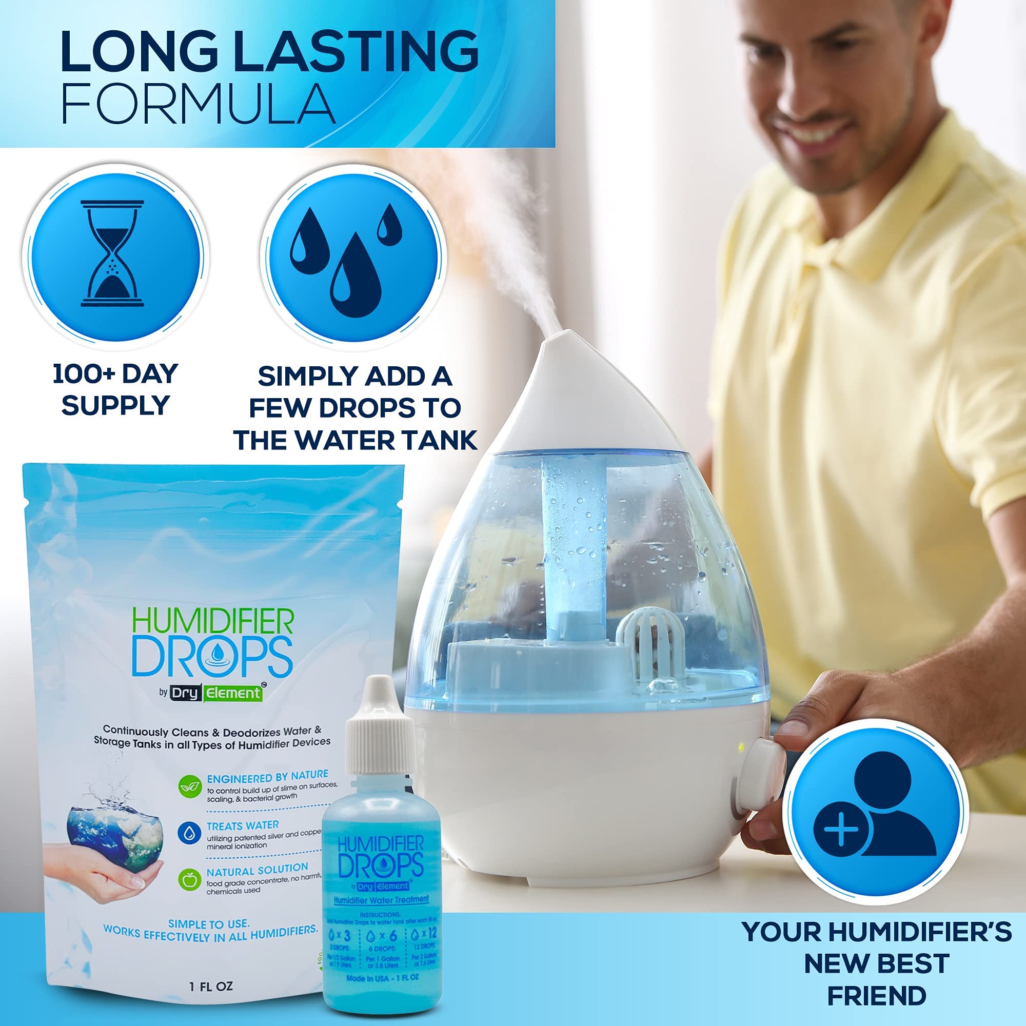Humidifier Drops - Natural Food Grade Concentrate, Formula Prevents Slimy Buildup on Surfaces, Reduces Scaling - Cleans & Deodorizes Water Inside All Humidifier Models, 100+ Day Supply, Made in USA