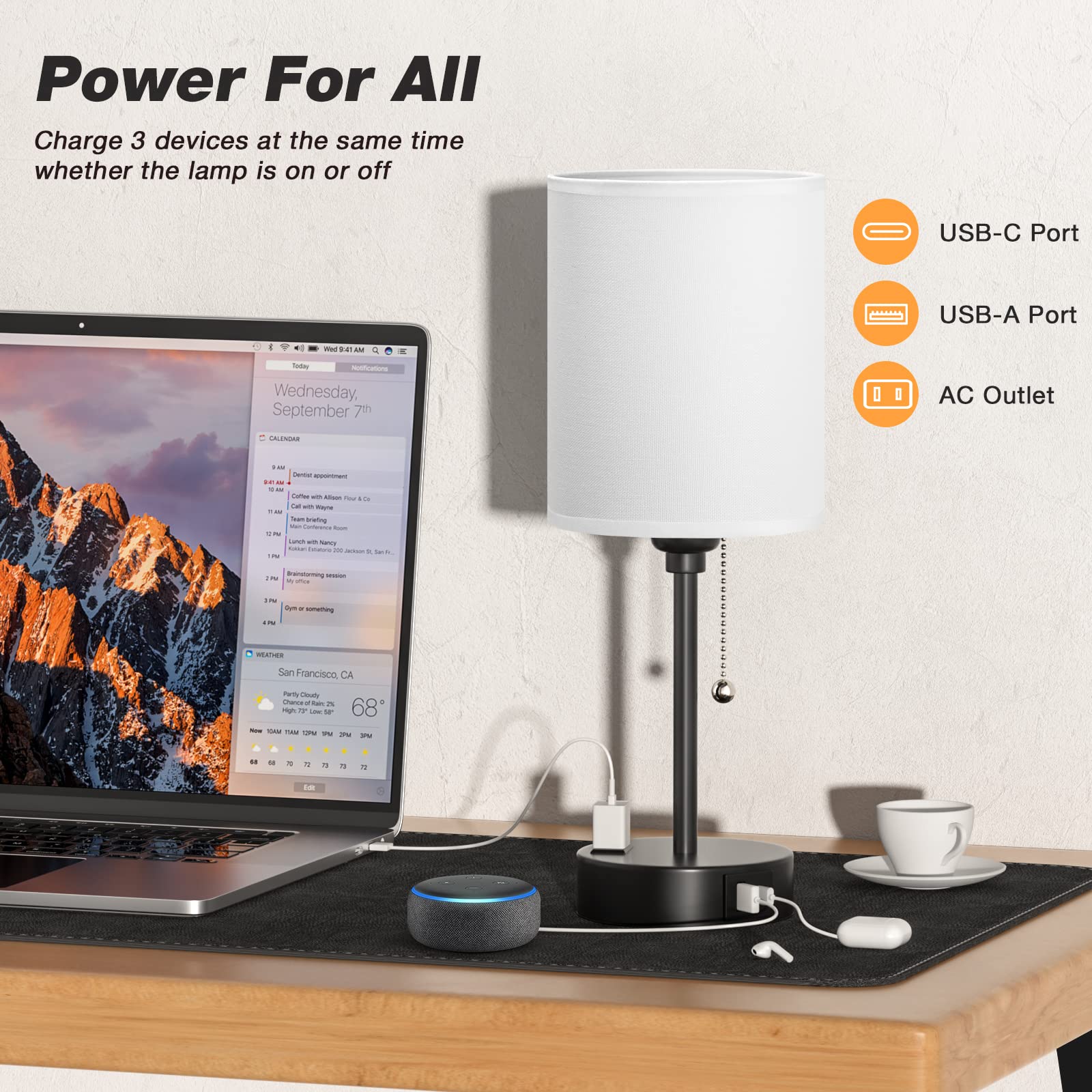 Small Bedroom Lamps 3 Color Temperatures - 2700K 3500K 5000K Bedside Lamps with USB C and A Ports, Pull Chain Table Lamps with AC Outlet, White Nightstand Lamps with Black Metal Base for Kids Reading