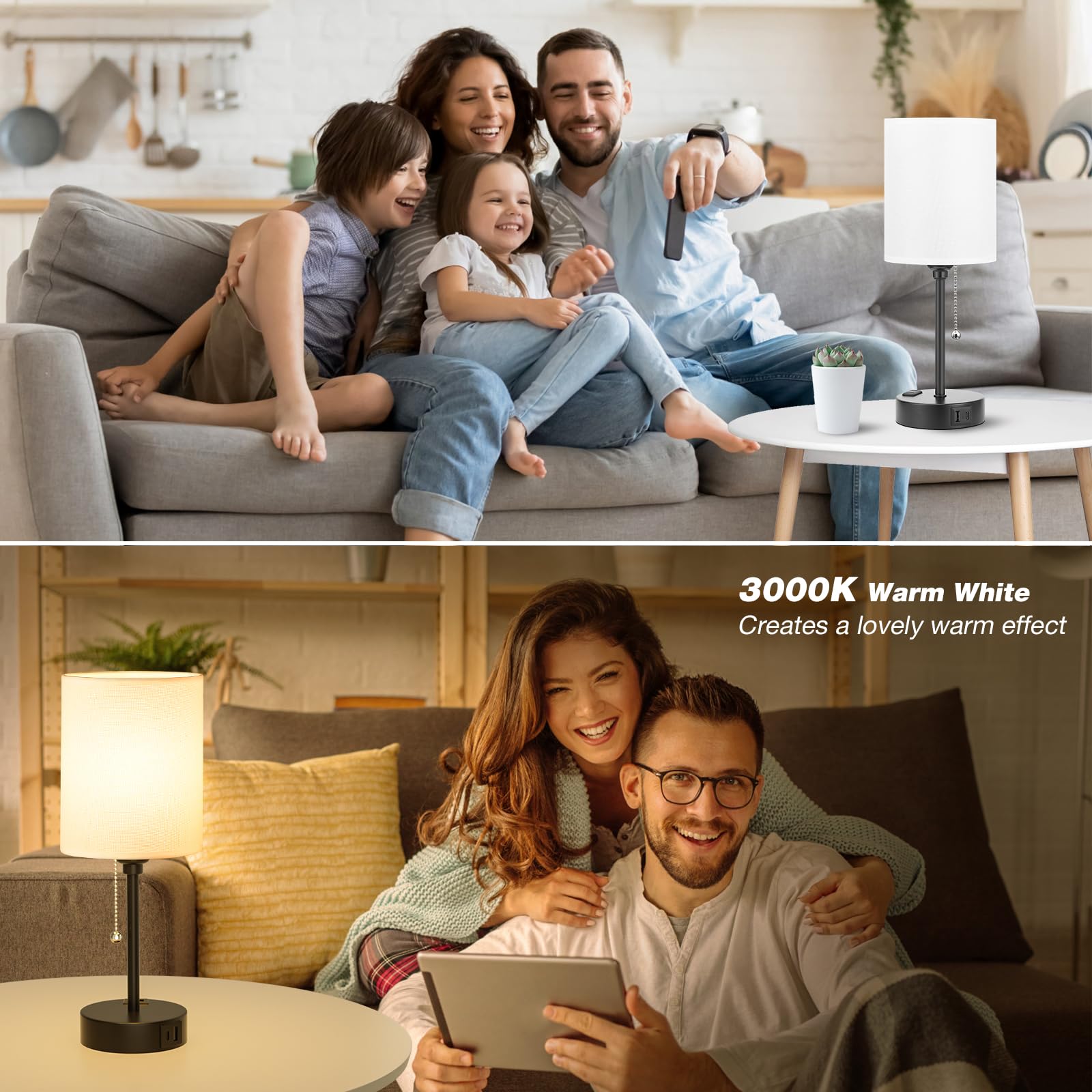 Small Bedroom Lamps 3 Color Temperatures - 2700K 3500K 5000K Bedside Lamps with USB C and A Ports, Pull Chain Table Lamps with AC Outlet, White Nightstand Lamps with Black Metal Base for Kids Reading