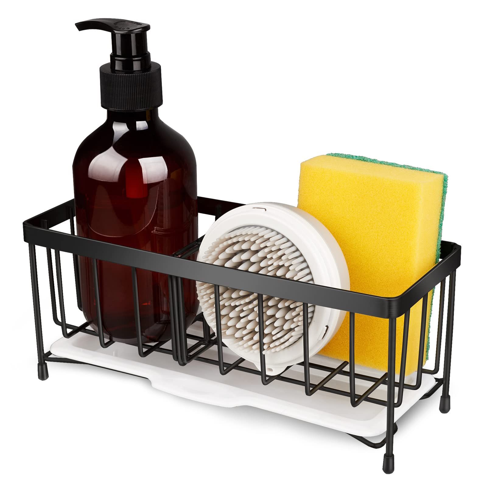 RedCall Dish Sponge Holder for Kitchen Sink,304 Stainless Steel Sink Sponge Holder, Kitchen Sink Caddy Organizer Countertop Soap Dispenser Brush Tray with Adjustable Partition